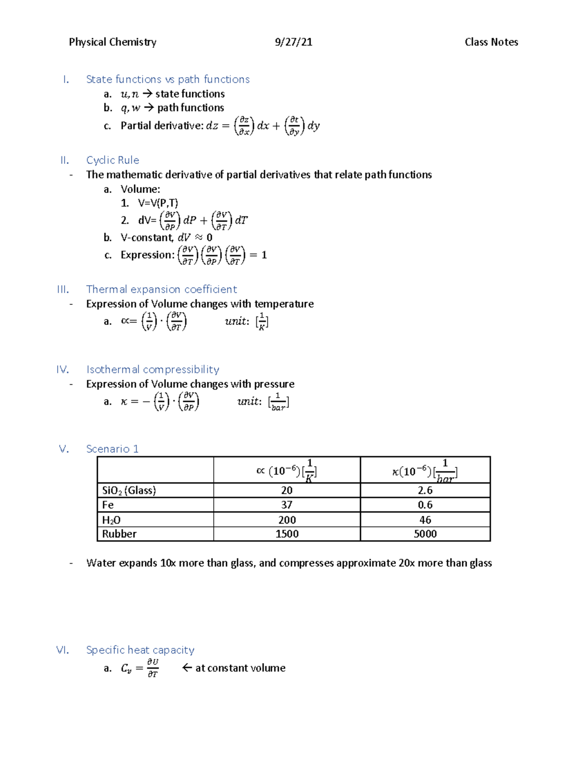 Phys Chem Notes 1 - Physical Chemistry 9/27/21 Class Notes I. State ...