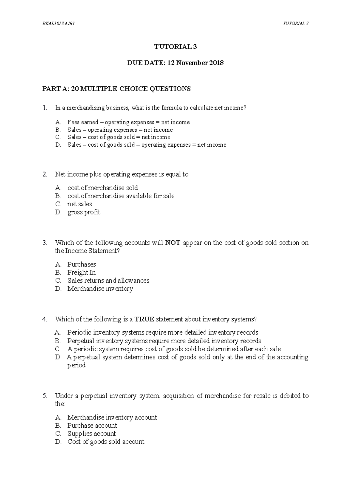 Business accounting tutorial 3 (BKAL) - BKAL1013 A181 TUTORIAL 3 ...