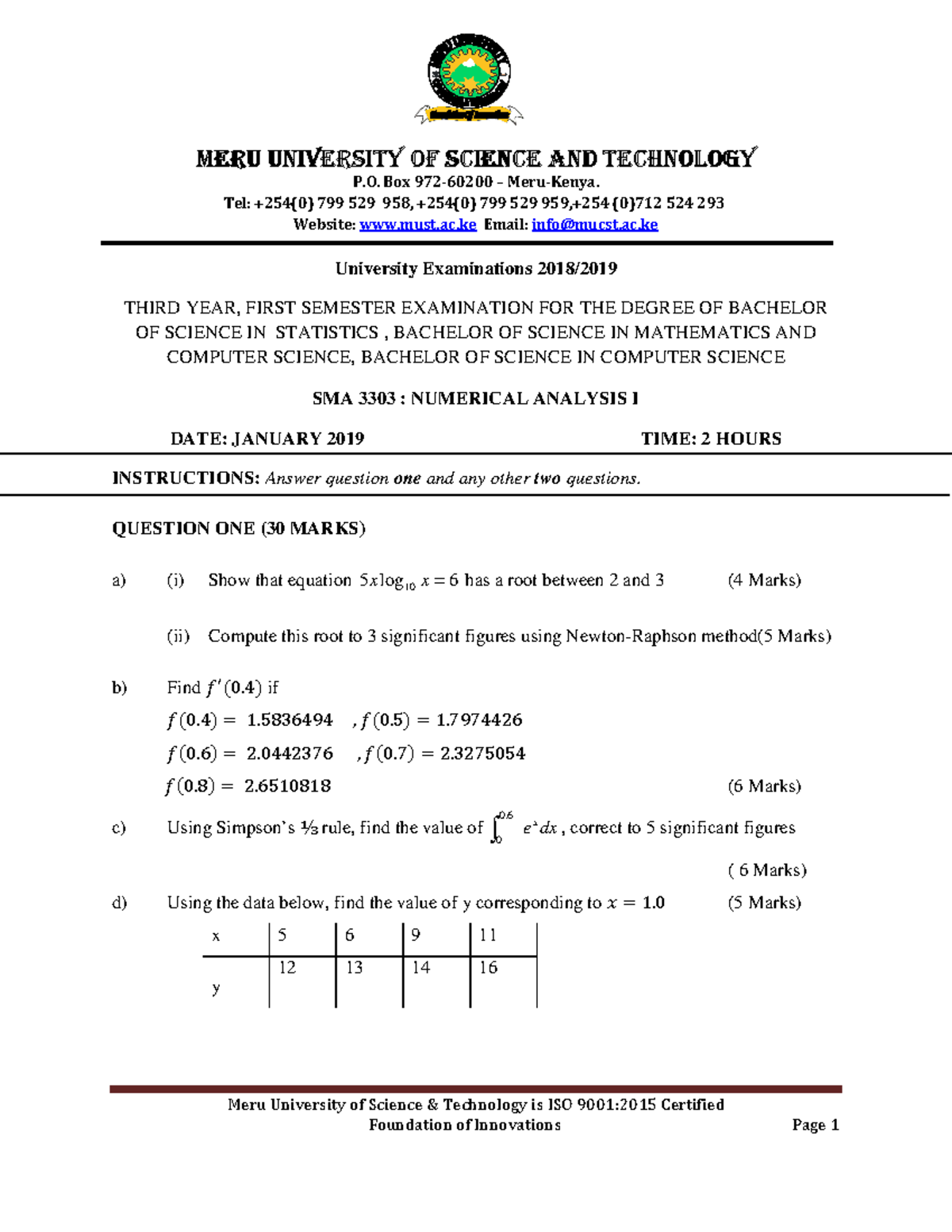 SMA 3303 Numerical Analysis I - Meru University of Science & Technology is ISO 9001:2015 - Studocu