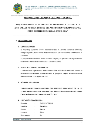 Memoria Descriptiva Electricas - MEMORIA DESCRIPTIVA INSTALACIONES ELECTRICAS PROYECTO ...