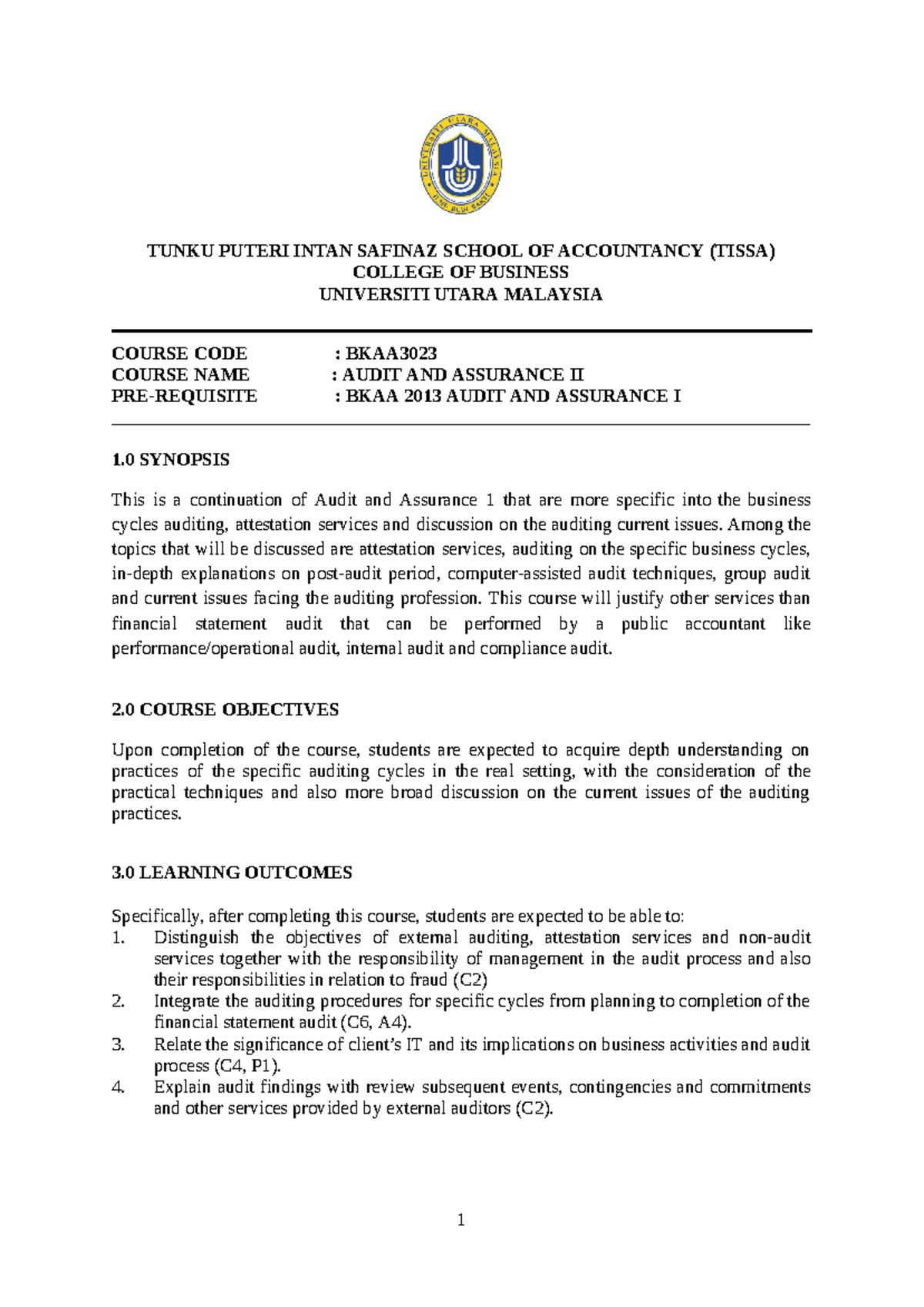 Syllabus - TUNKU PUTERI INTAN SAFINAZ SCHOOL OF ACCOUNTANCY (TISSA ...