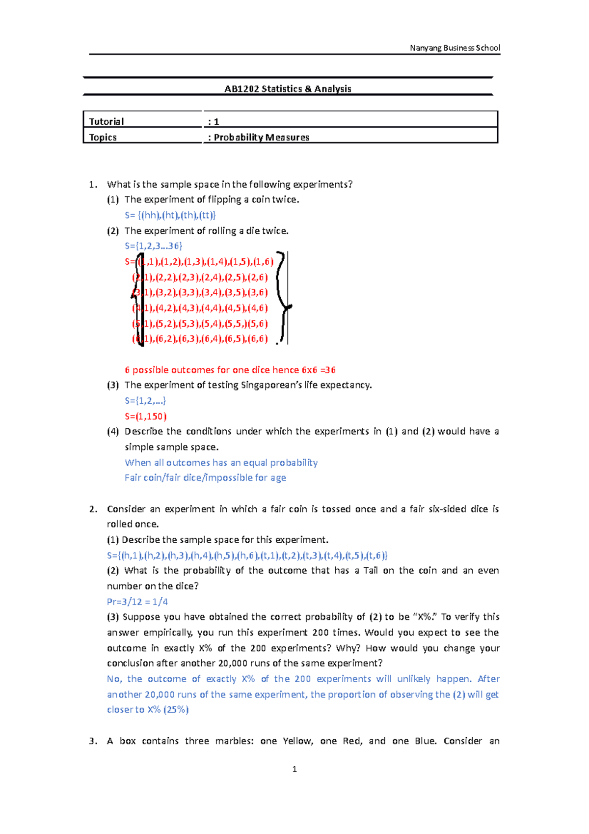 Tutorial 1 answers - Nanyang Business School AB1202 Statistics ...