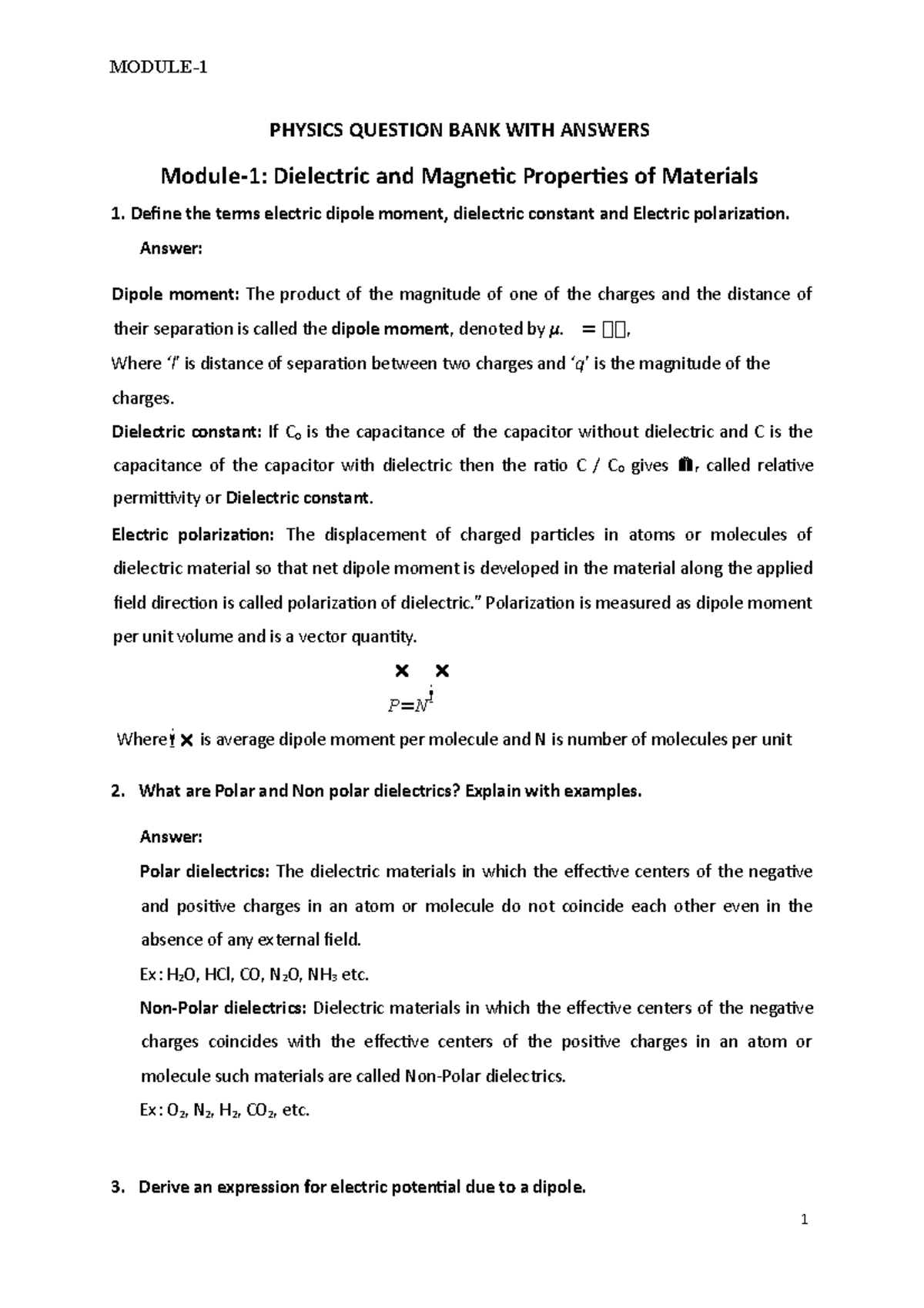 Unit 1 QA Dielectric and Magnetic Properties of Materials - PHYSICS ...