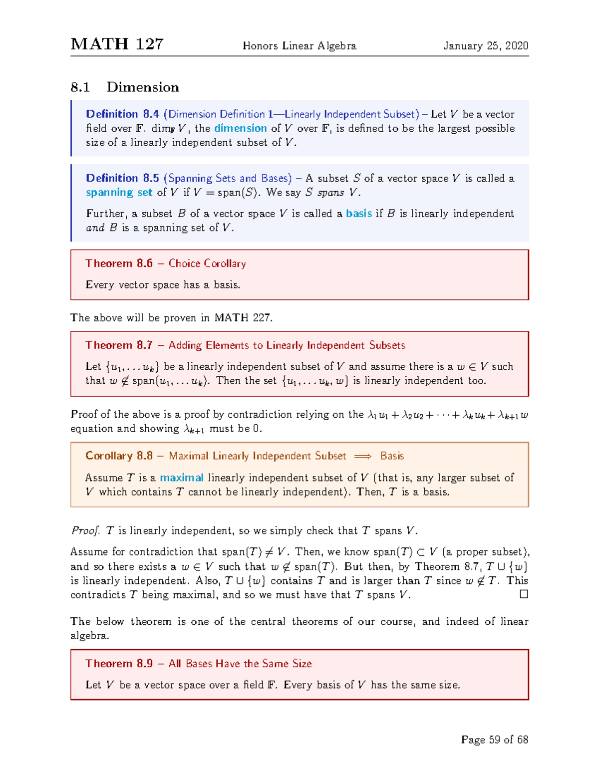 MATH 235-59 - Lecture notes 59 - MATH 127 Honors Linear Algebra January ...