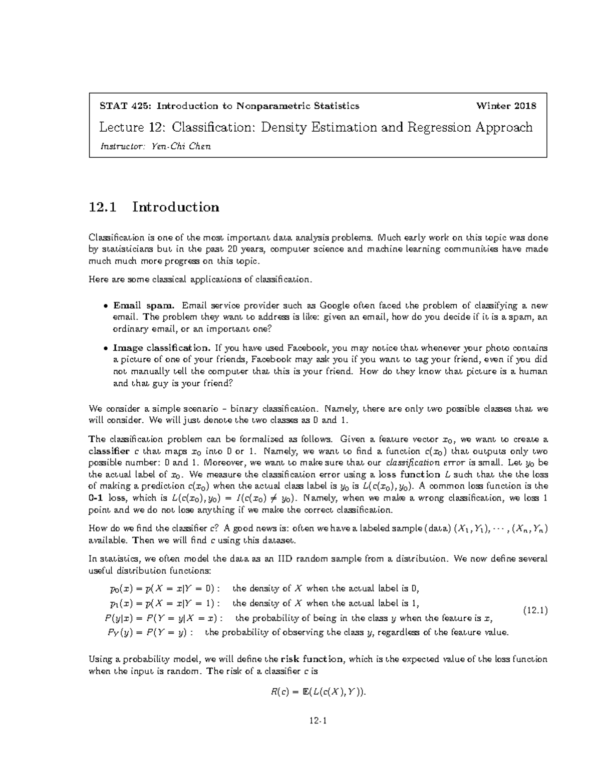 Lec12 Class Lecture Notes On Non Parametric Regression Stat 425 Introduction To