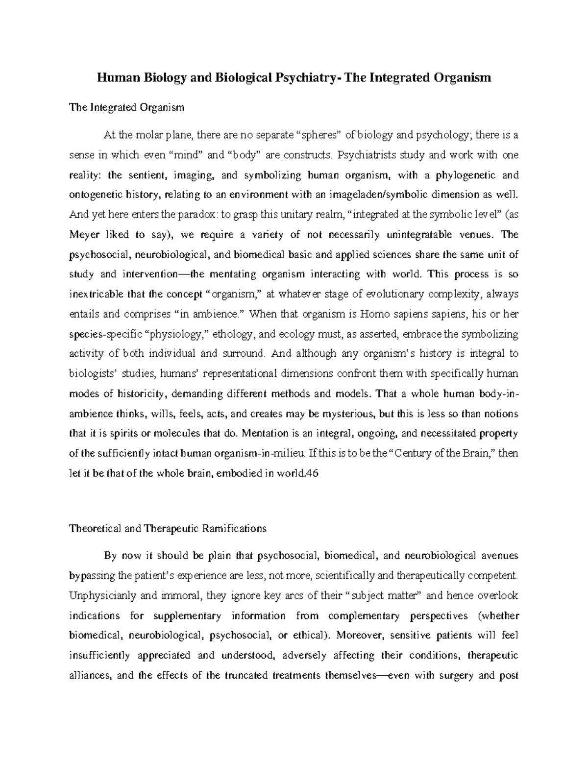 Human Biology and Biological Psychiatry- The Integrated Organism ...
