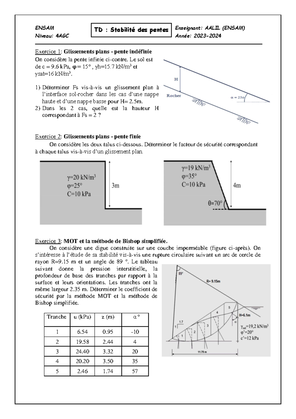 TD Stabilité des pentes 23-24 - ENSAM Enseignant: AALIL (ENSAM) Niveau ...