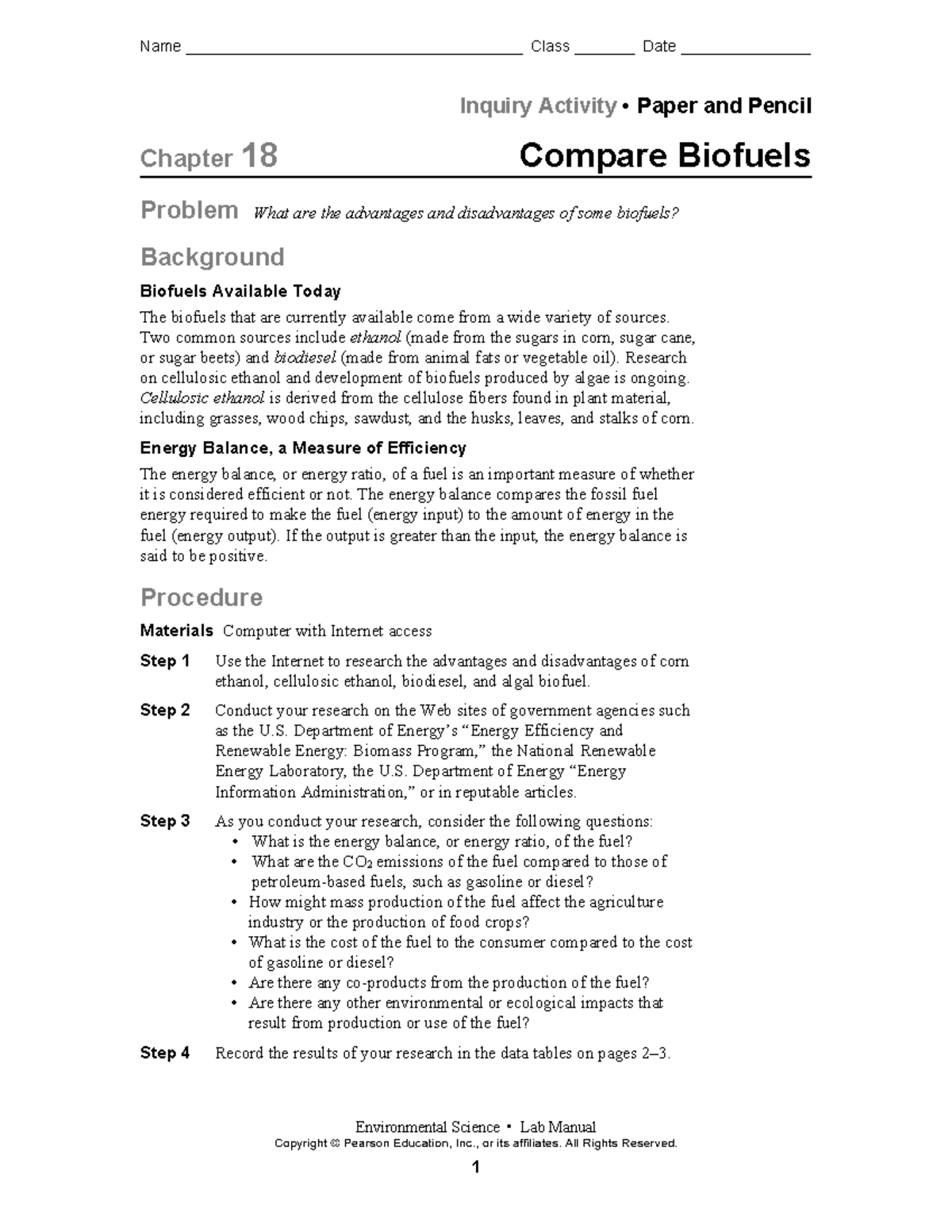 Comparing biofuels activity - Inquiry Activity • Paper and Pencil ...