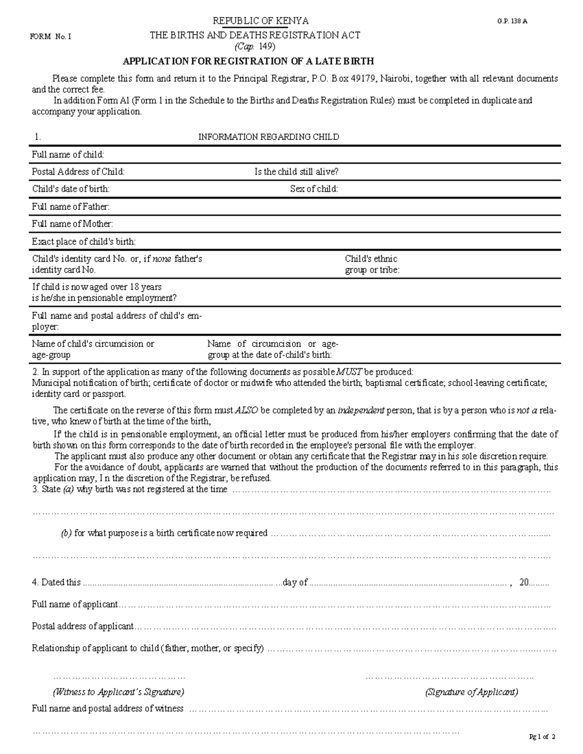 Application for Registration of a Late Birth - Please complete this ...