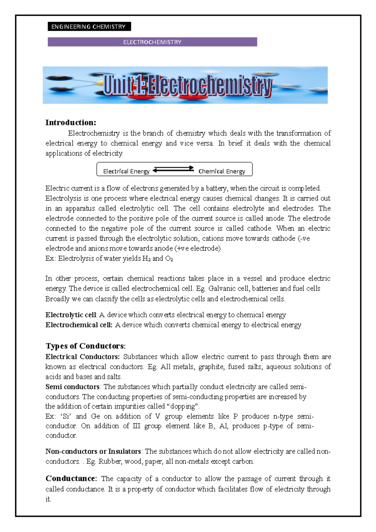 Unit 1 - Electrochemistry - Electrical Energy Chemical Energy ...