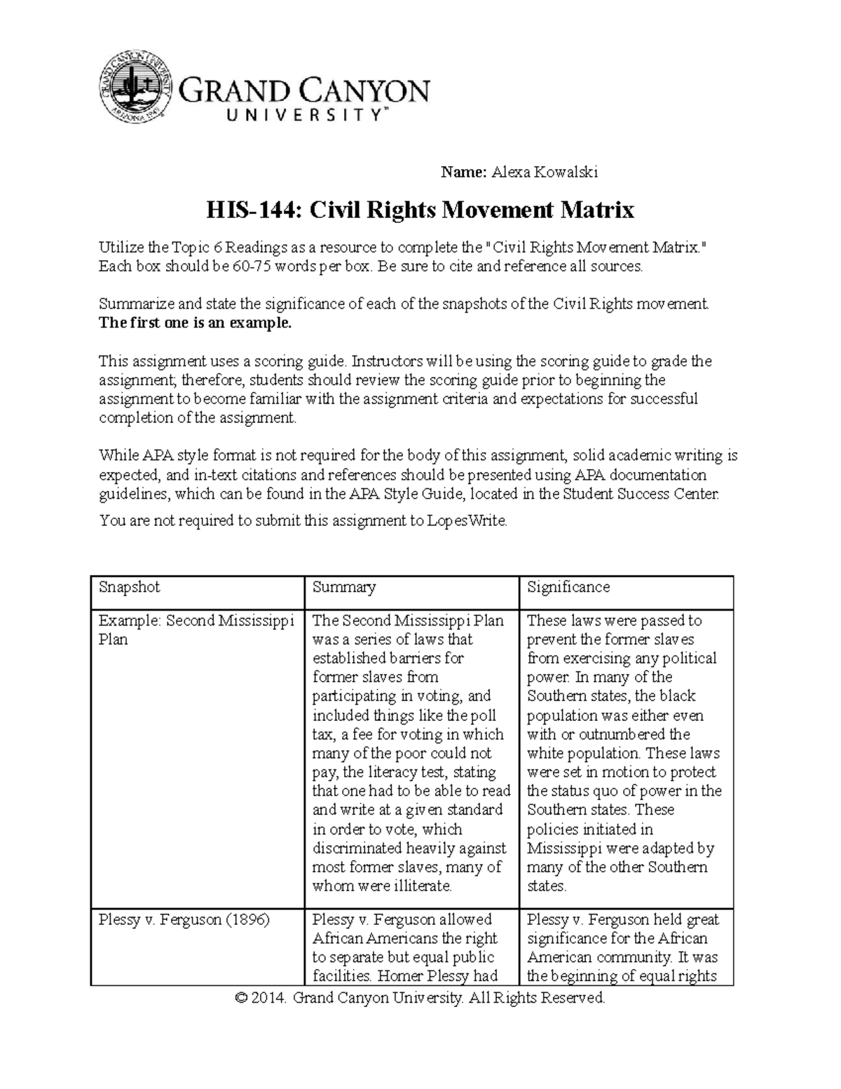 Civil Rights Matrix (Repaired) - Name: Alexa Kowalski HIS-144: Civil ...