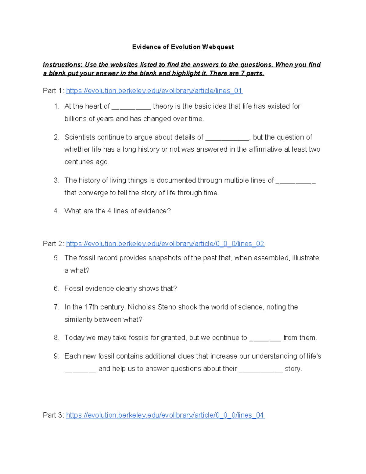 Evidence of Evolution - When you find a blank put your answer in the ...