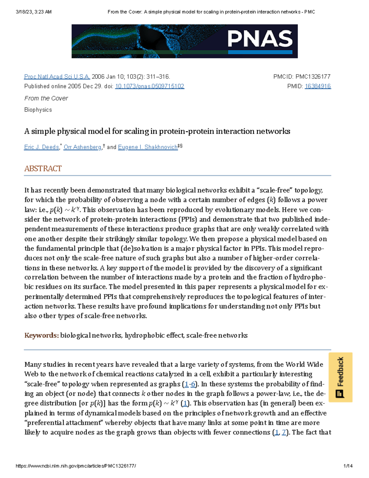From the Cover A simple physical model for scaling in protein-protein ...