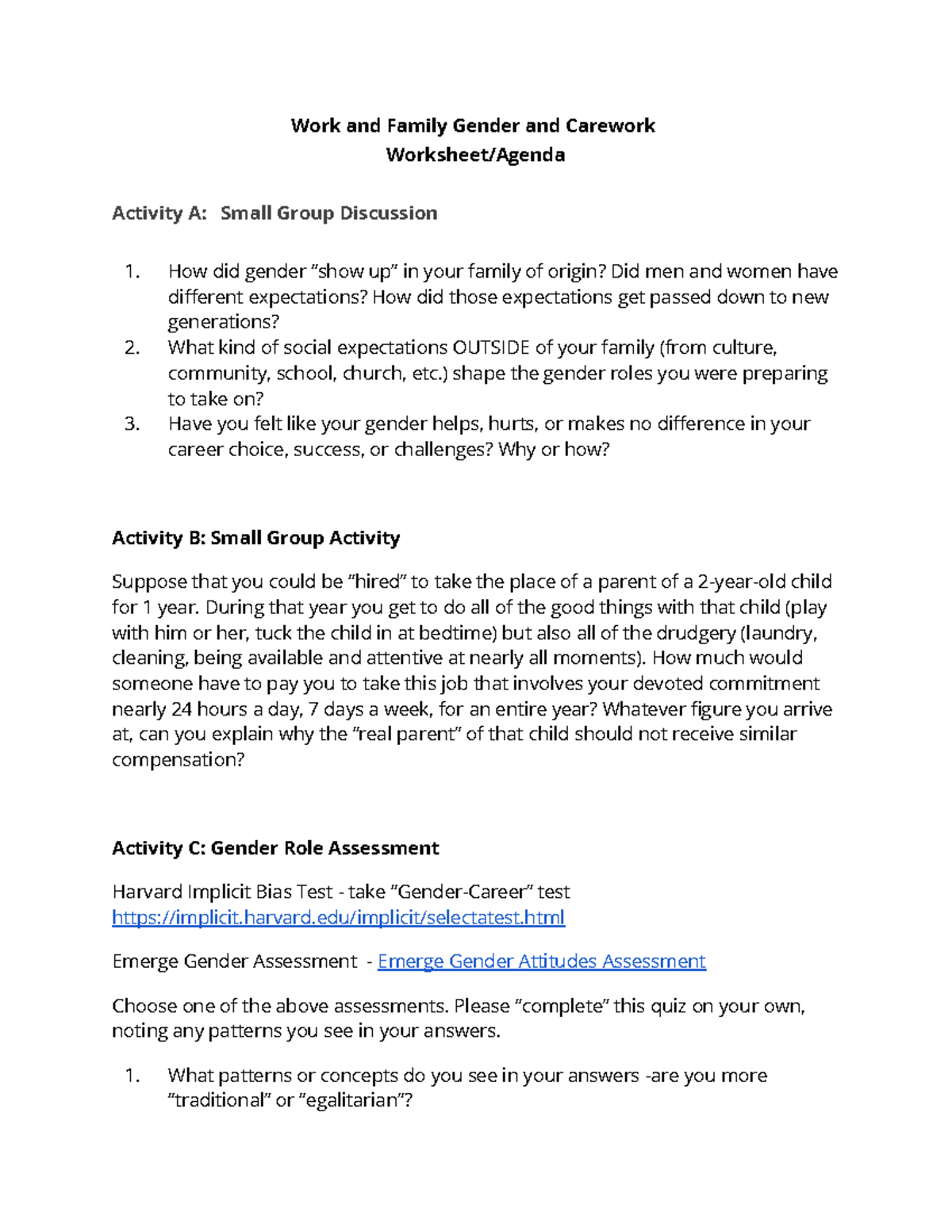 Work and Family Gender and Carework Worksheet Individuals - Work and ...