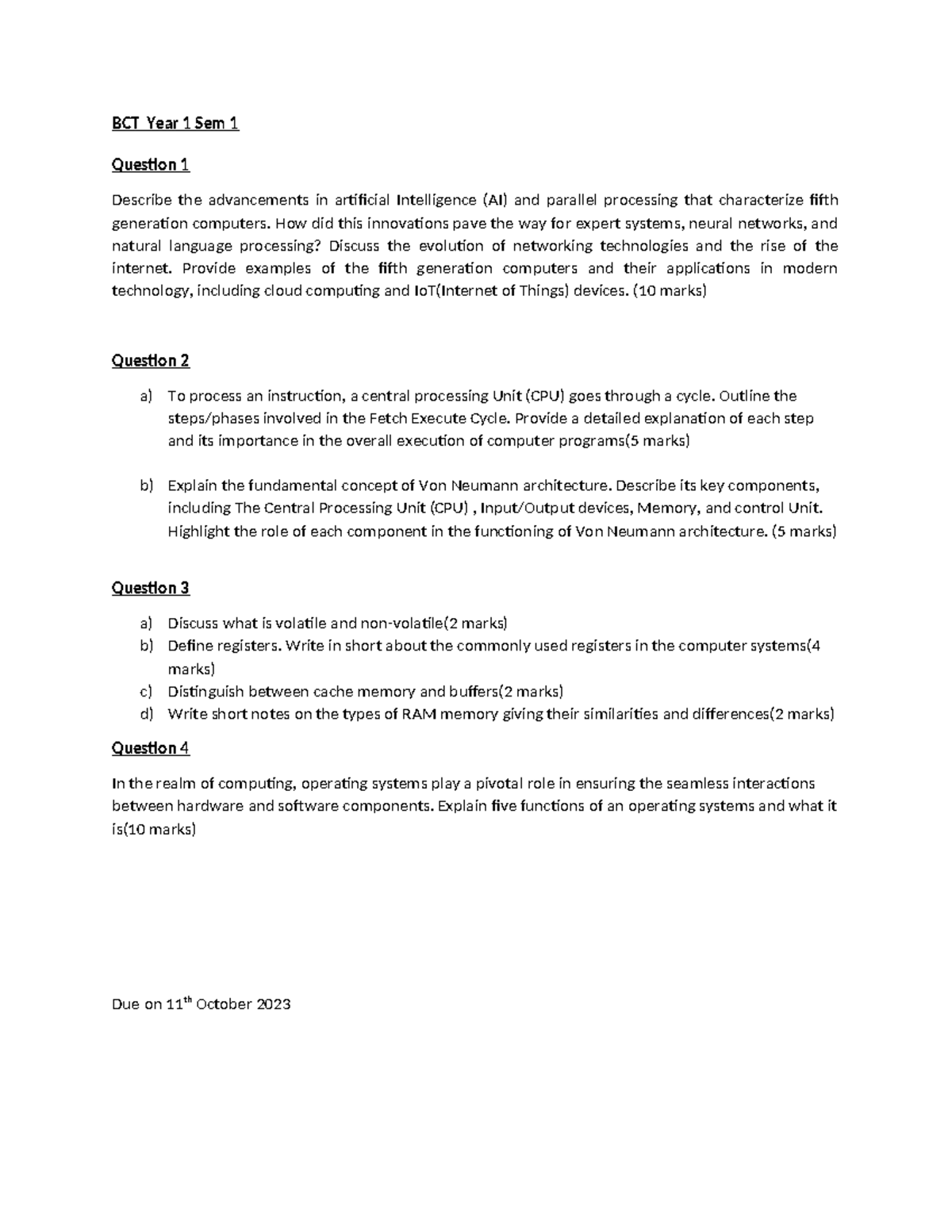 BCT Year 1 Sem 1 CAT 1 - ASSINGMENT QUIZ - BCT Year 1 Sem 1 Question 1 ...
