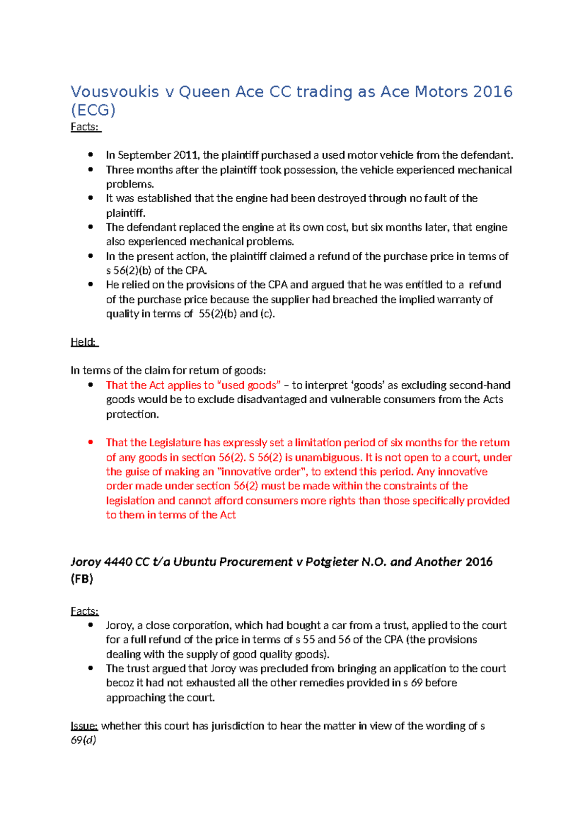 Case summaries - Summary Consumer and Credit Agreements Law ...