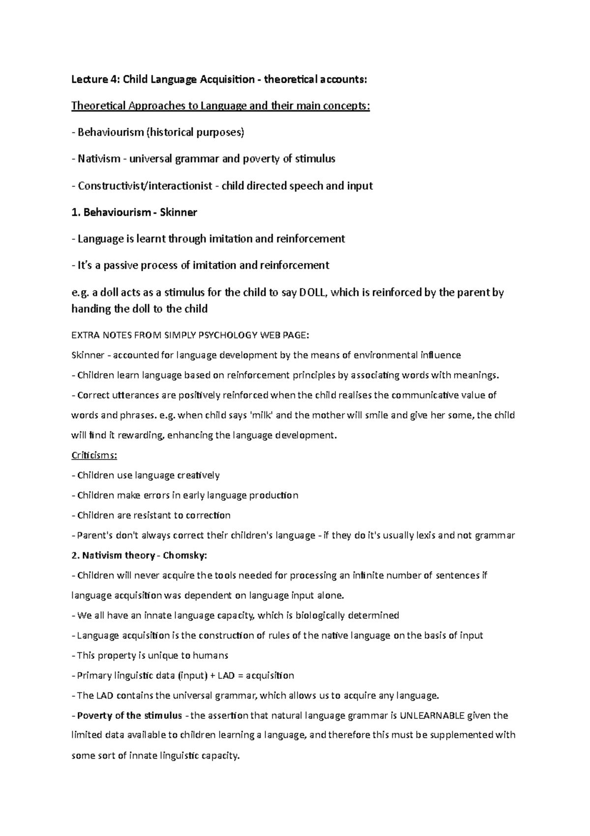 Lecture 4 CLA theories - Lecture 4: Child Language Acquisition ...