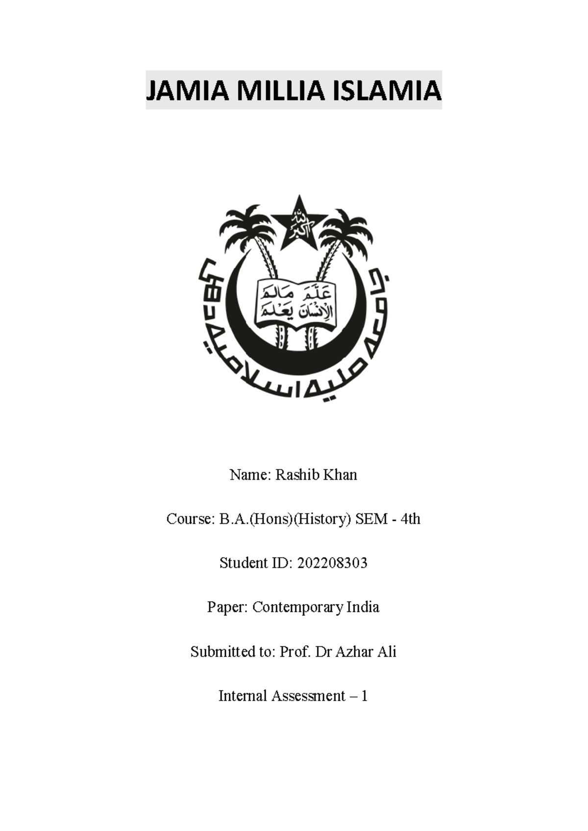 Book Review The Idea of India - JAMIA MILLIA ISLAMIA Name: Rashib Khan ...