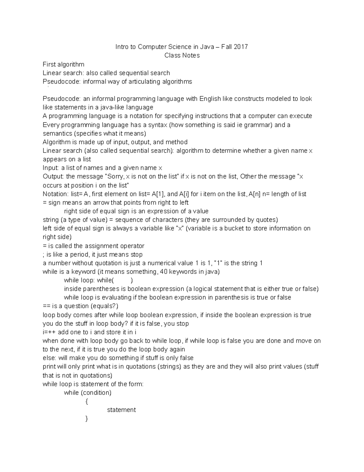 Introduction to Java Notes - Intro to Computer Science in Java – Fall ...