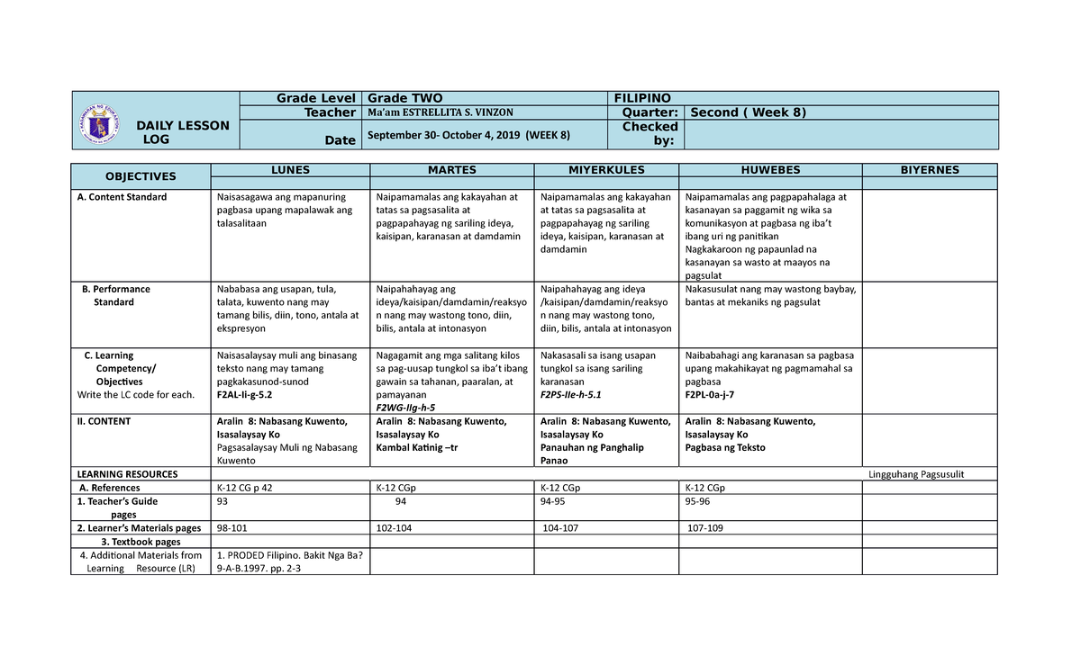 Filipino 2 DLL Q2 Week 8 - dll - DAILY LESSON LOG Grade Level Grade TWO ...