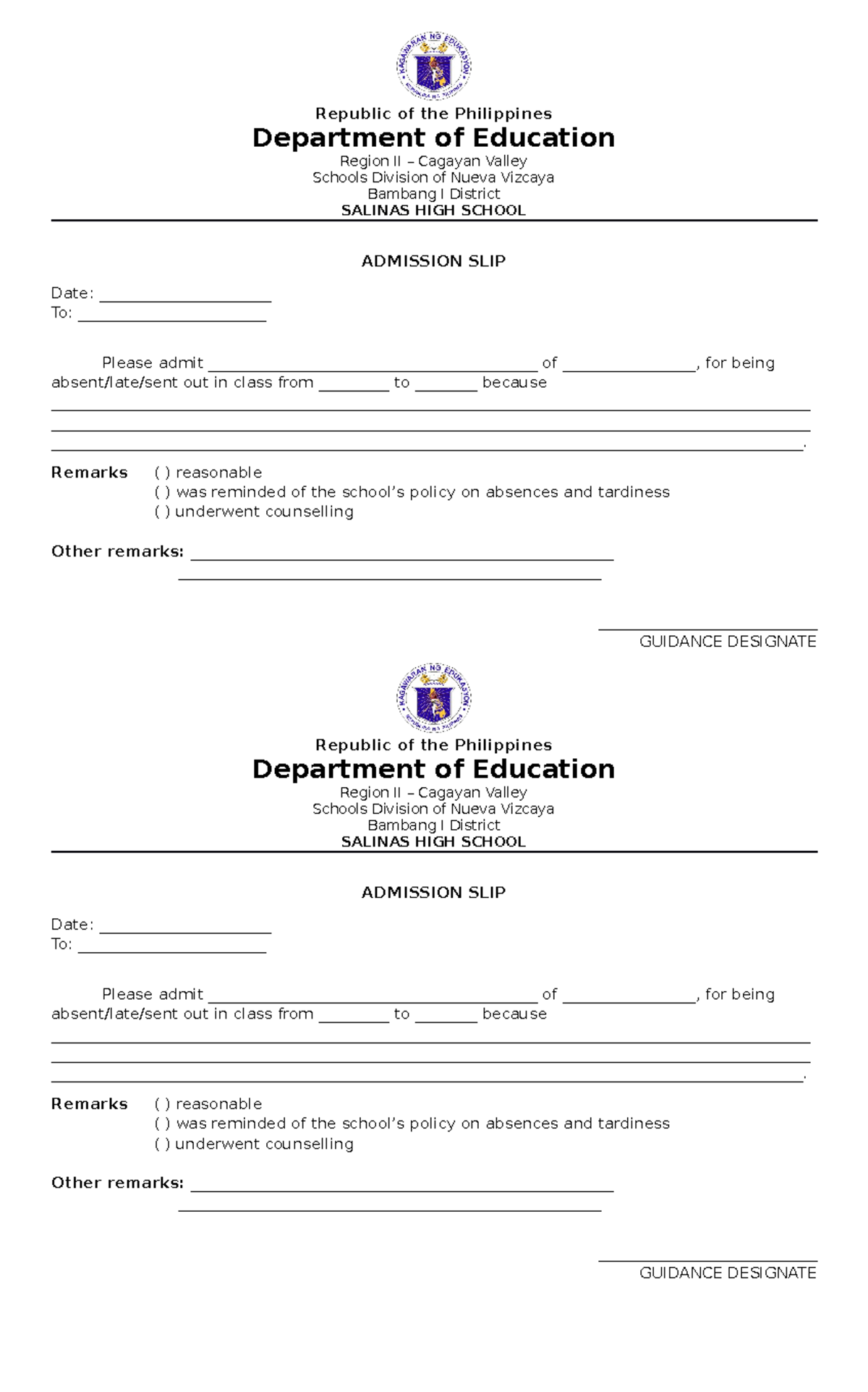 Admission SLIP - dll - Republic of the Philippines Department of ...