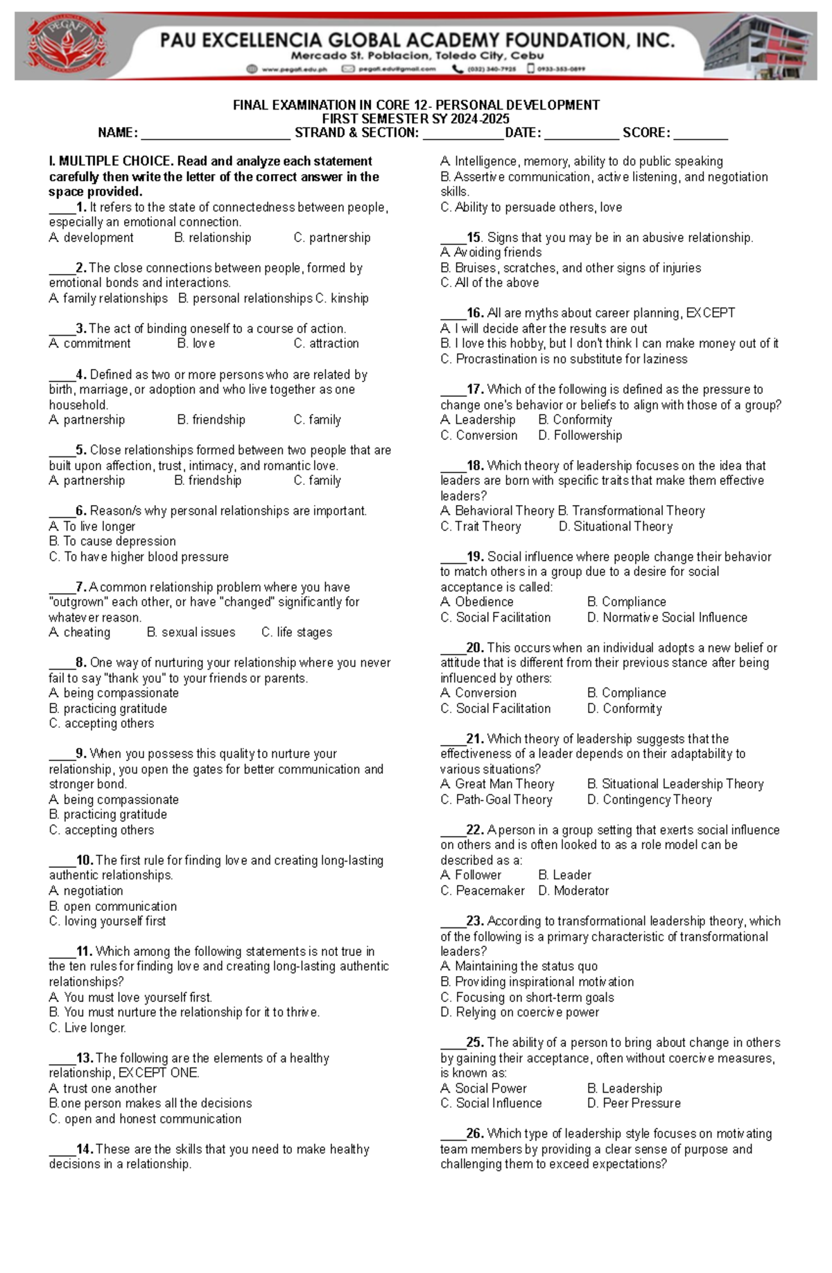 PD (Final Exam) - FINAL EXAMINATION IN CORE 12- PERSONAL DEVELOPMENT ...