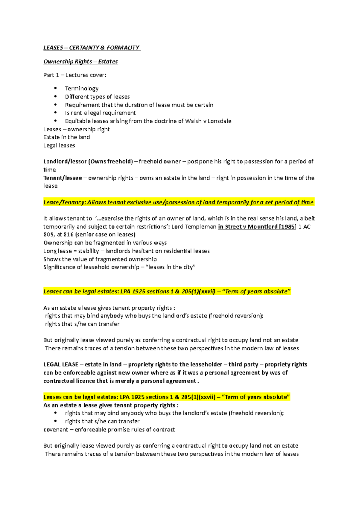 WEEK 5 Leases - notes - LEASES – CERTAINTY & FORMALITY Ownership Rights ...