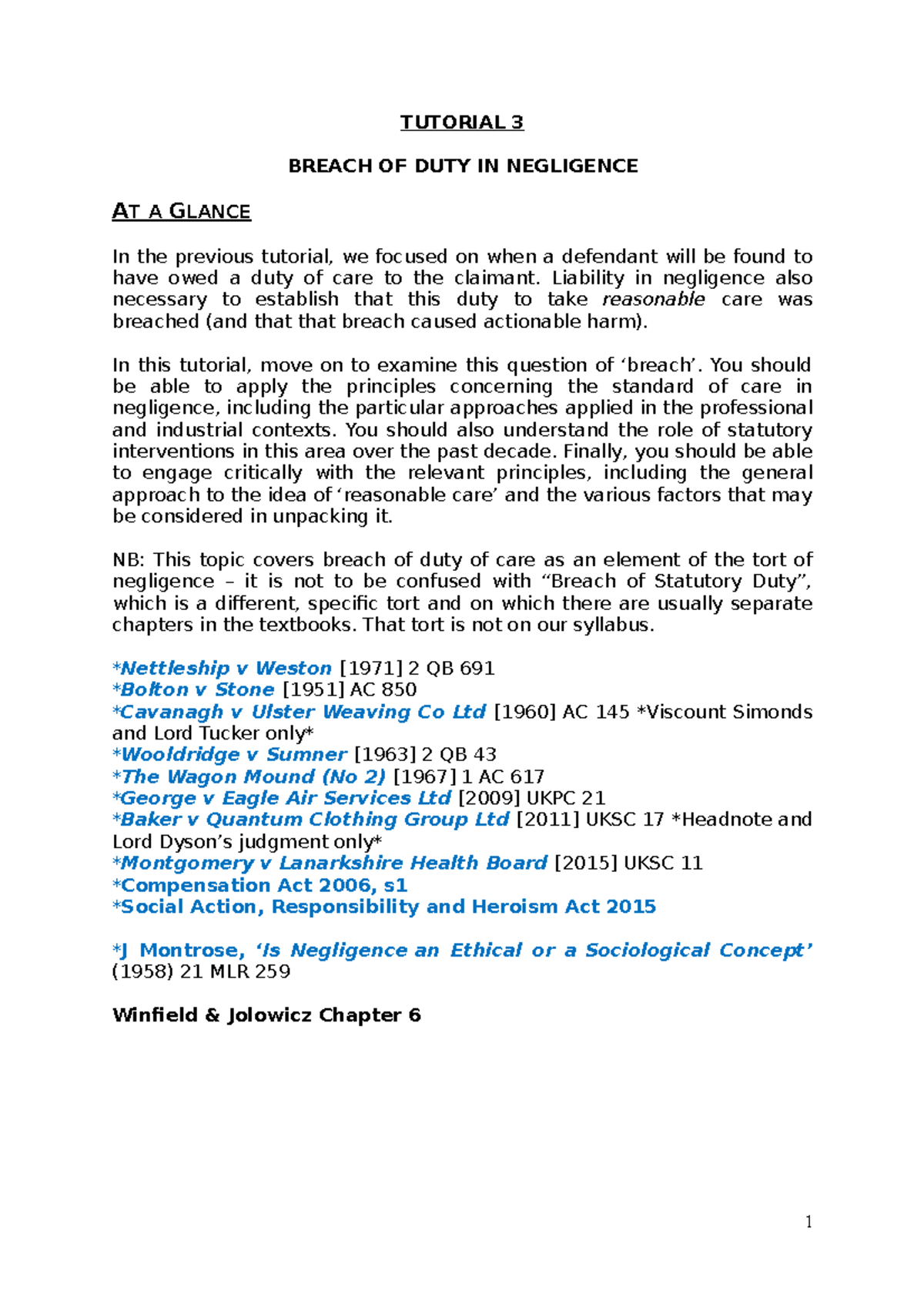 Tutorial 3 Breach - TUTORIAL 3 BREACH OF DUTY IN NEGLIGENCE AT A GLANCE ...