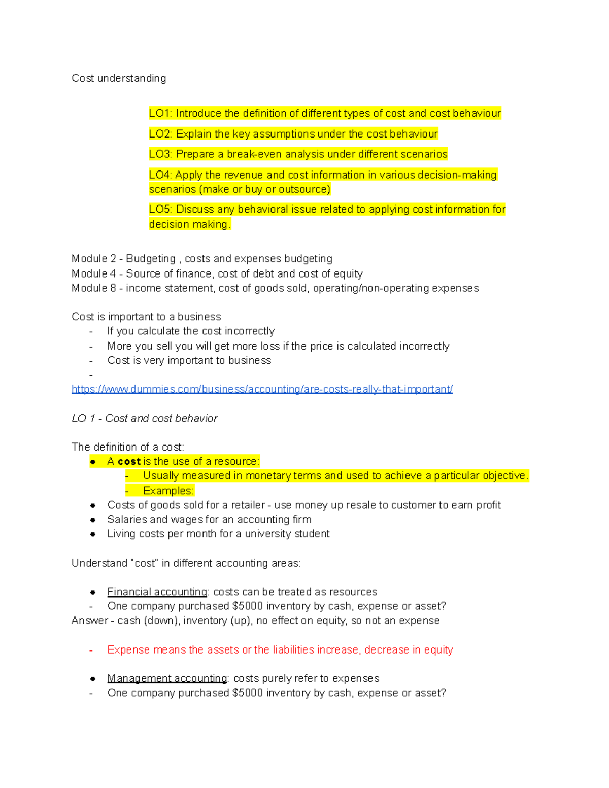 114 - M10 - notes - Cost understanding LO1: Introduce the definition of ...