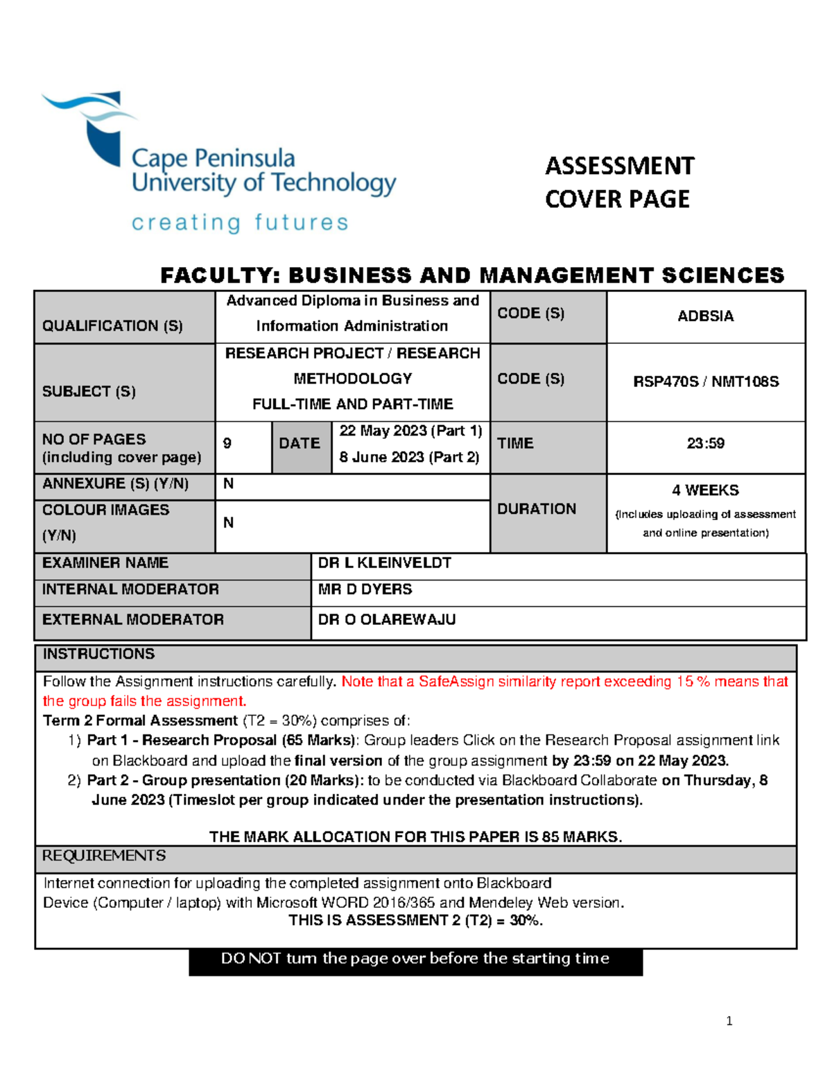 Term 2 Formal Assessment Group Research Proposal internally and ...