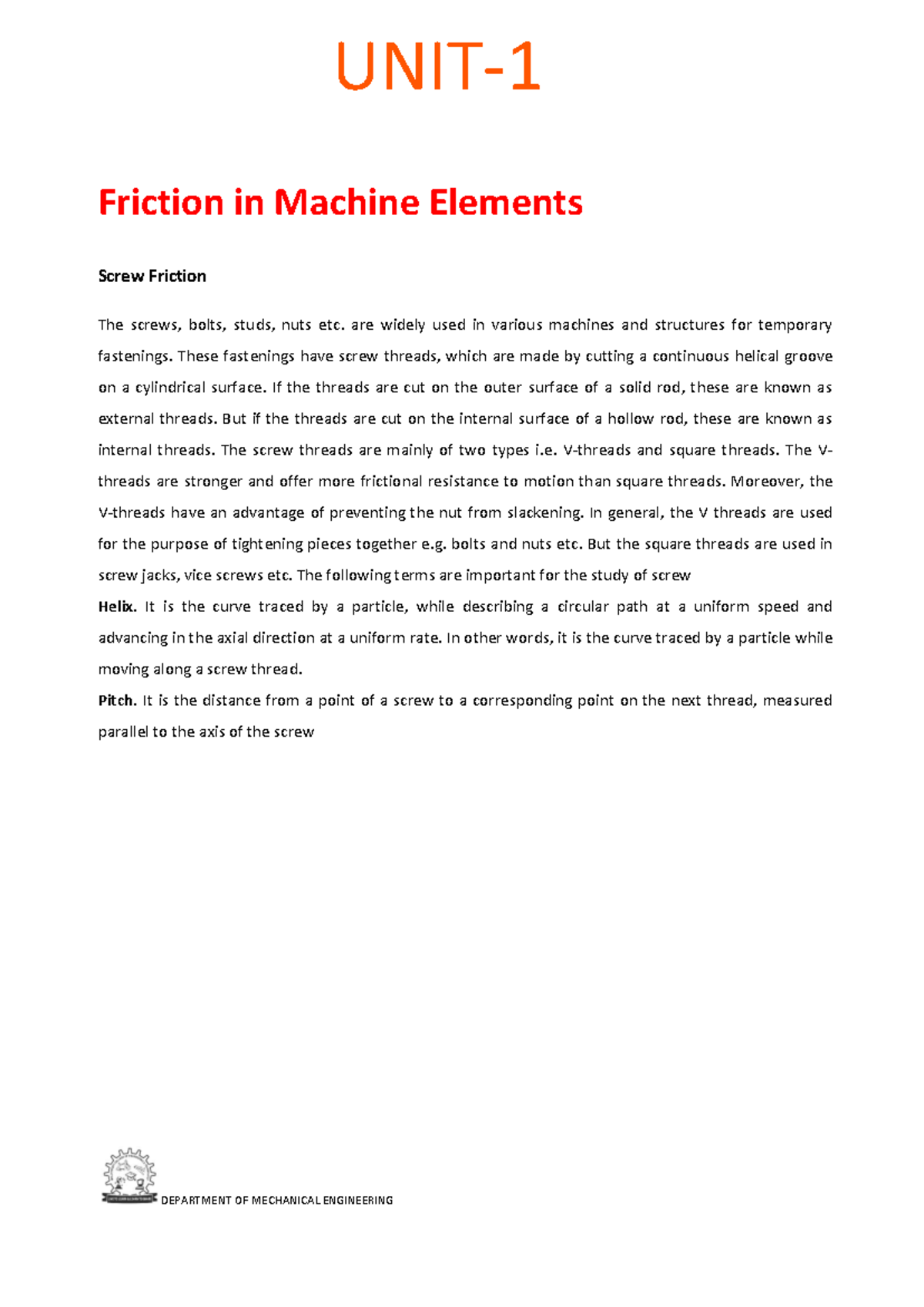 Dynamics of Machinery R19 - UNIT-1 - Friction in Machine Elements Screw ...