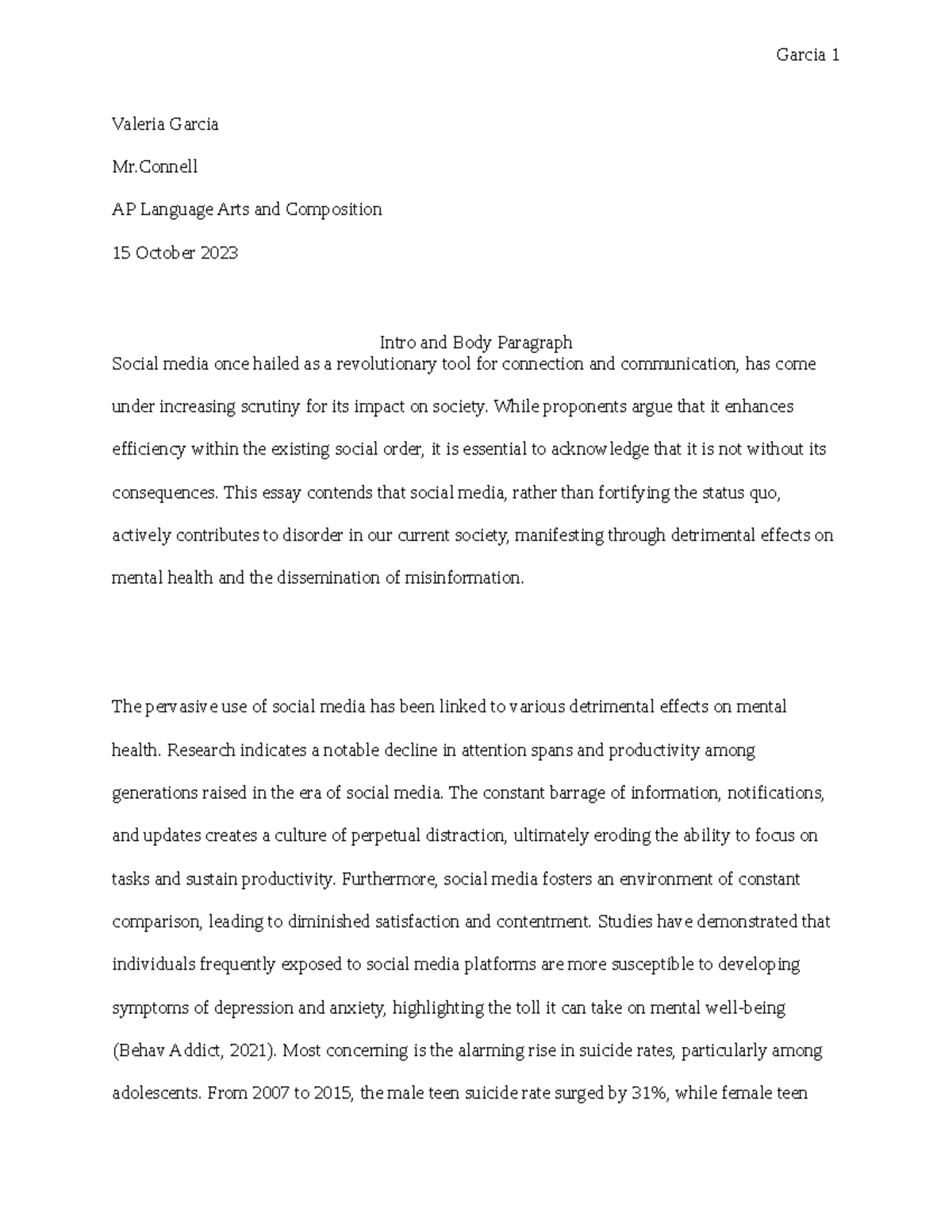 Intro and Body Paragraph - Garcia 1 Valeria Garcia Mr AP Language Arts ...