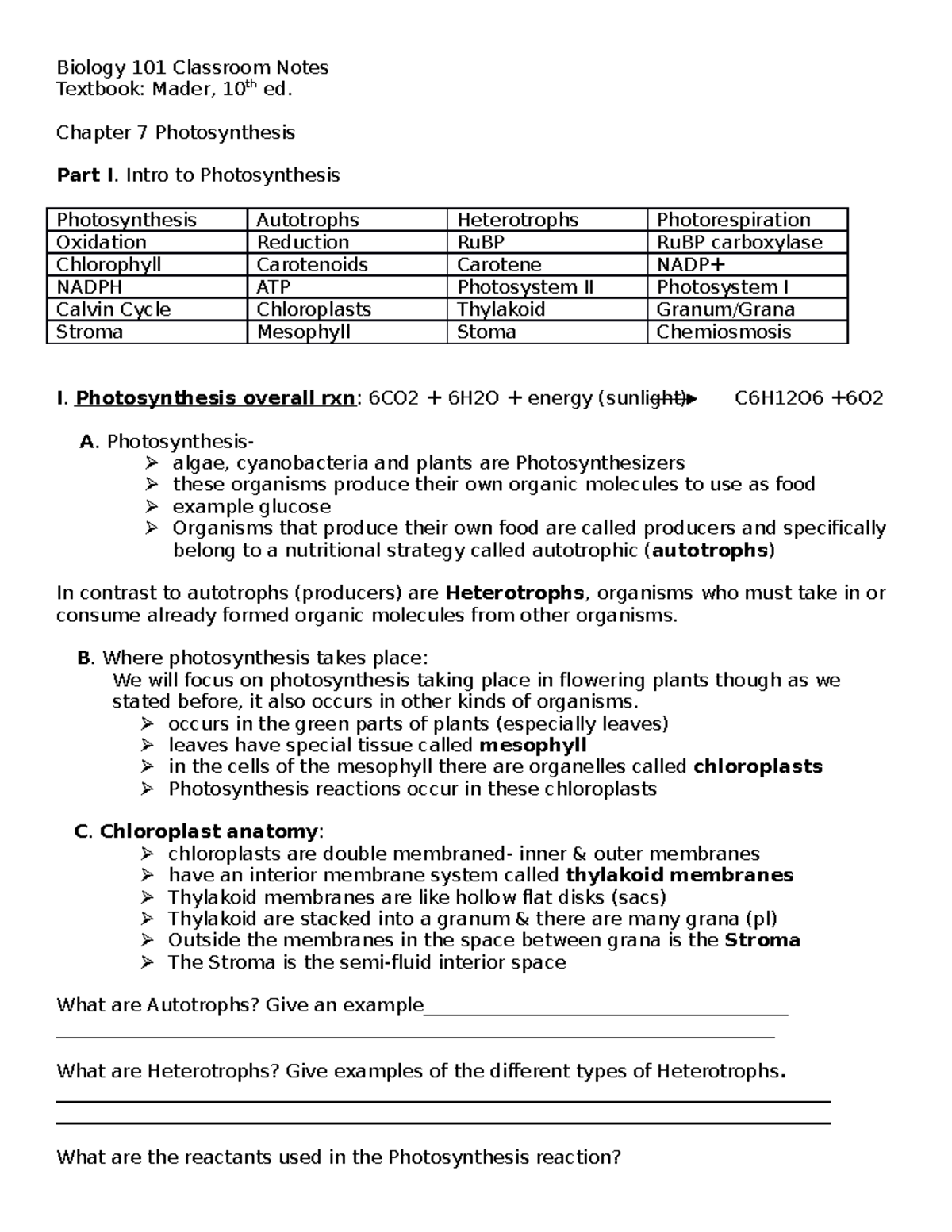 101 Lecture Guide Ch. 7 - Notes provided by prof - Biology 101 ...