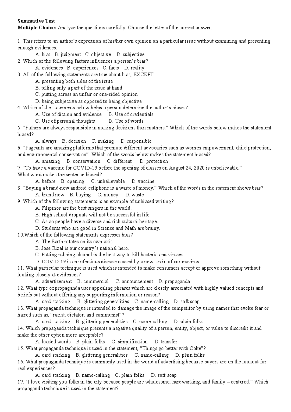 Summative test - Summative Test Multiple Choice: Analyze the questions ...