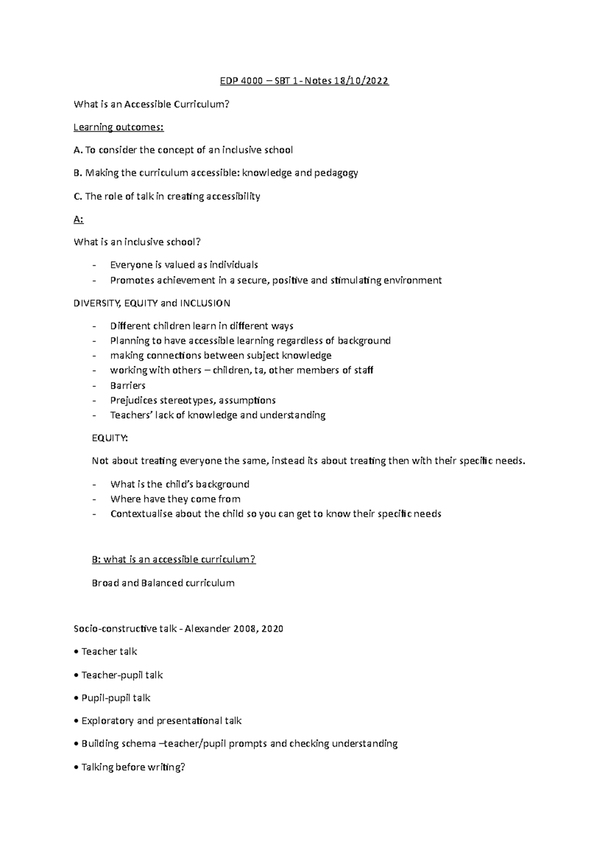 EDP 4000 accessible curriculum - EDP 4000 – SBT 1- Notes 18/10/ What is ...