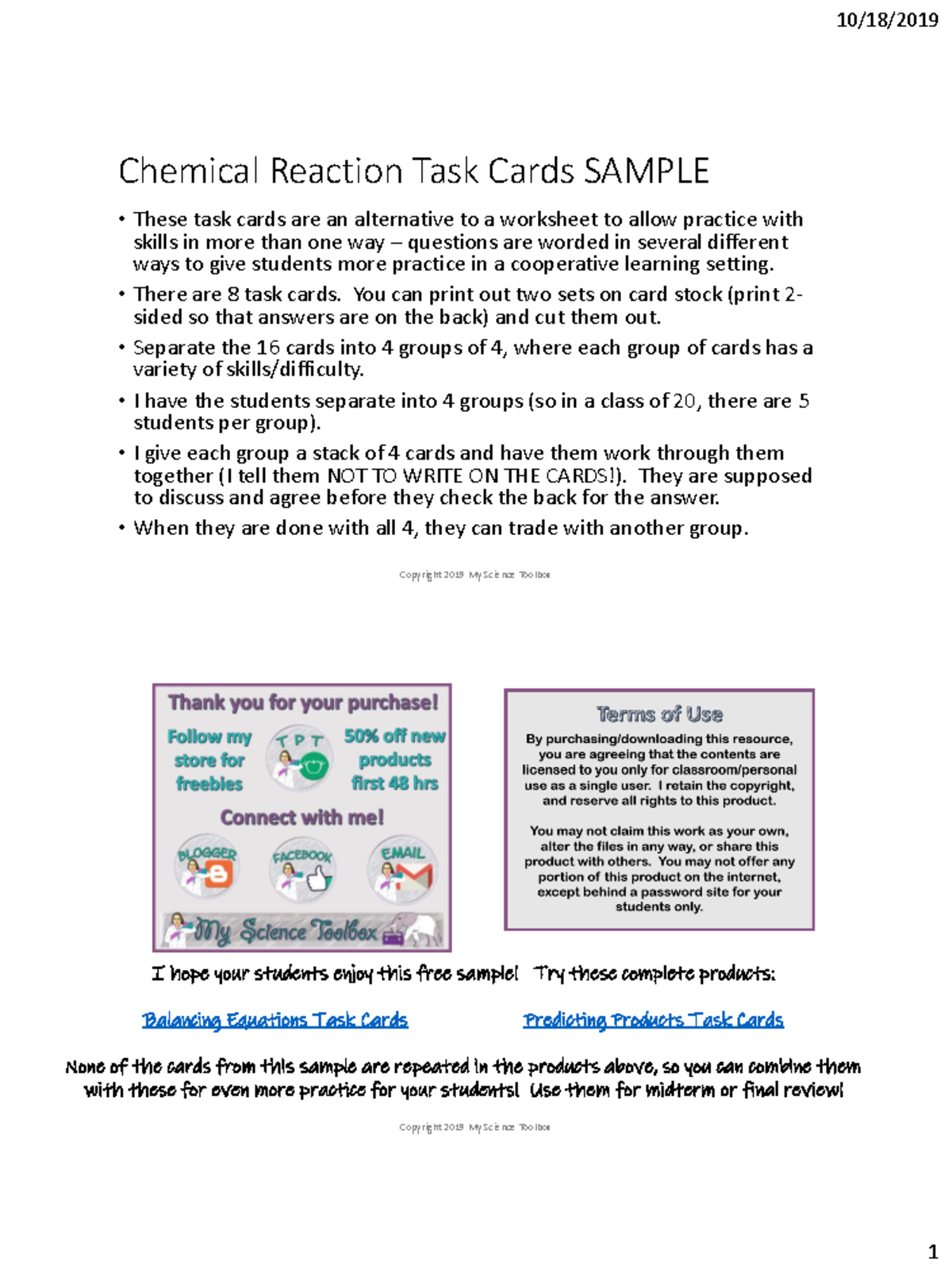 Balancing Chemical Equationsand Predicting Products Task Cards ...