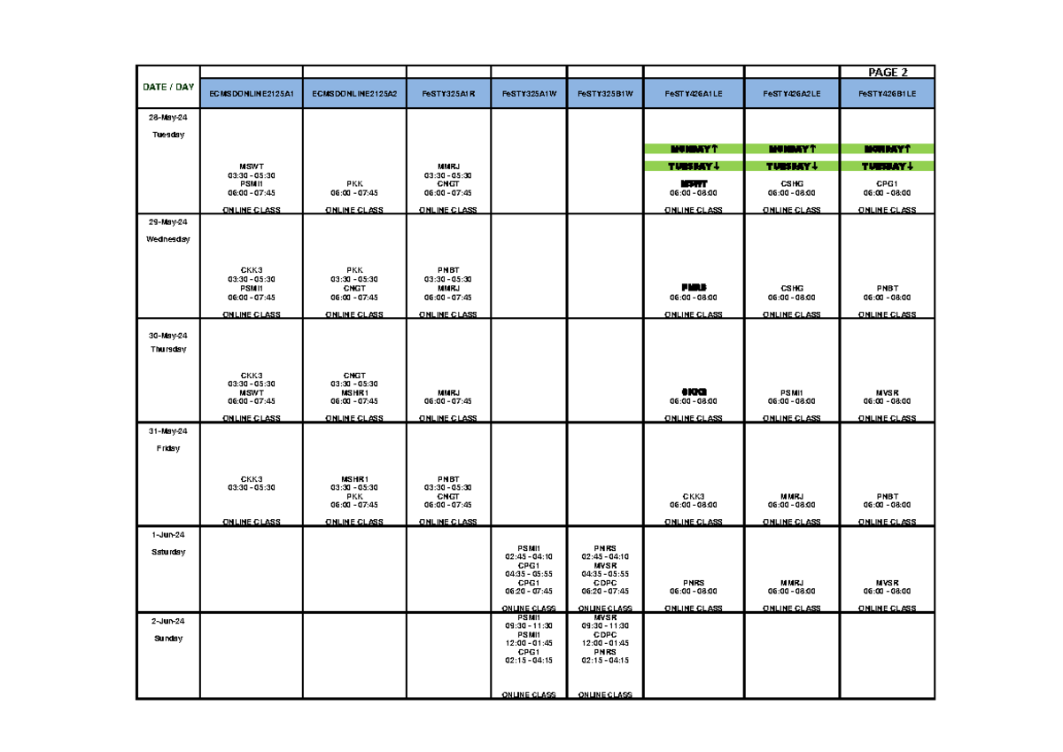 Timetable (28 MAY TO 02 JUNE 2024) Senior WING Batches 2023-25, 2024-25 ...