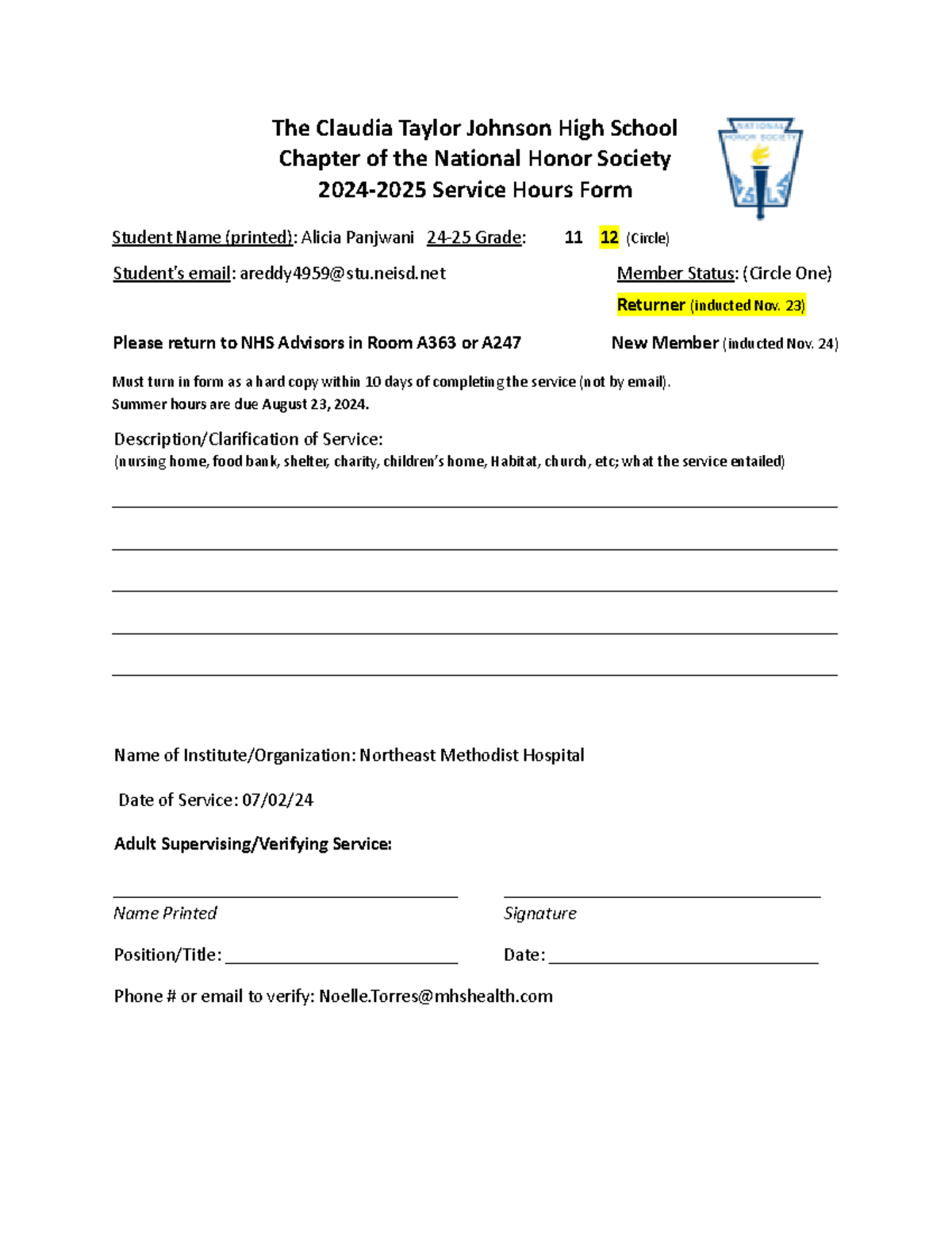 2024-2025 Service Hour Form - The Claudia Taylor Johnson High School ...
