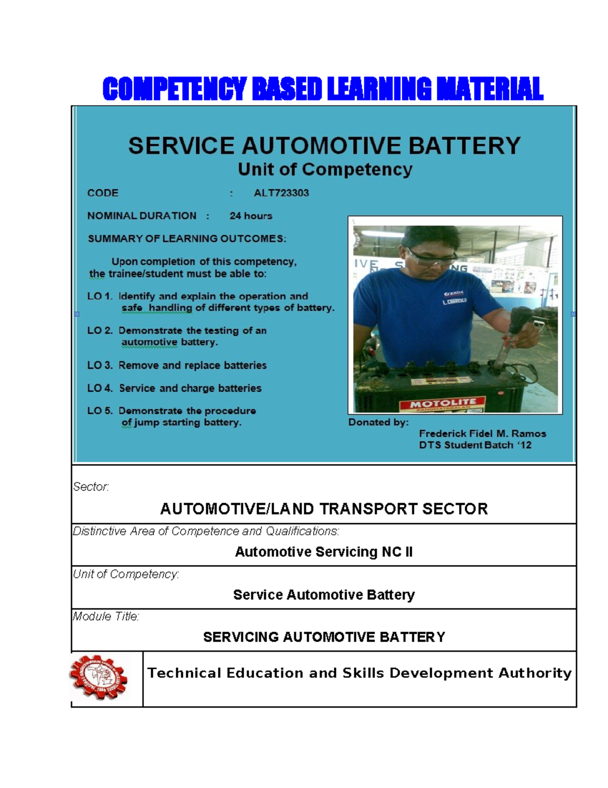 3 Service Automotive Battery - COMPETENCY BASED LEARNING MATERIAL ...