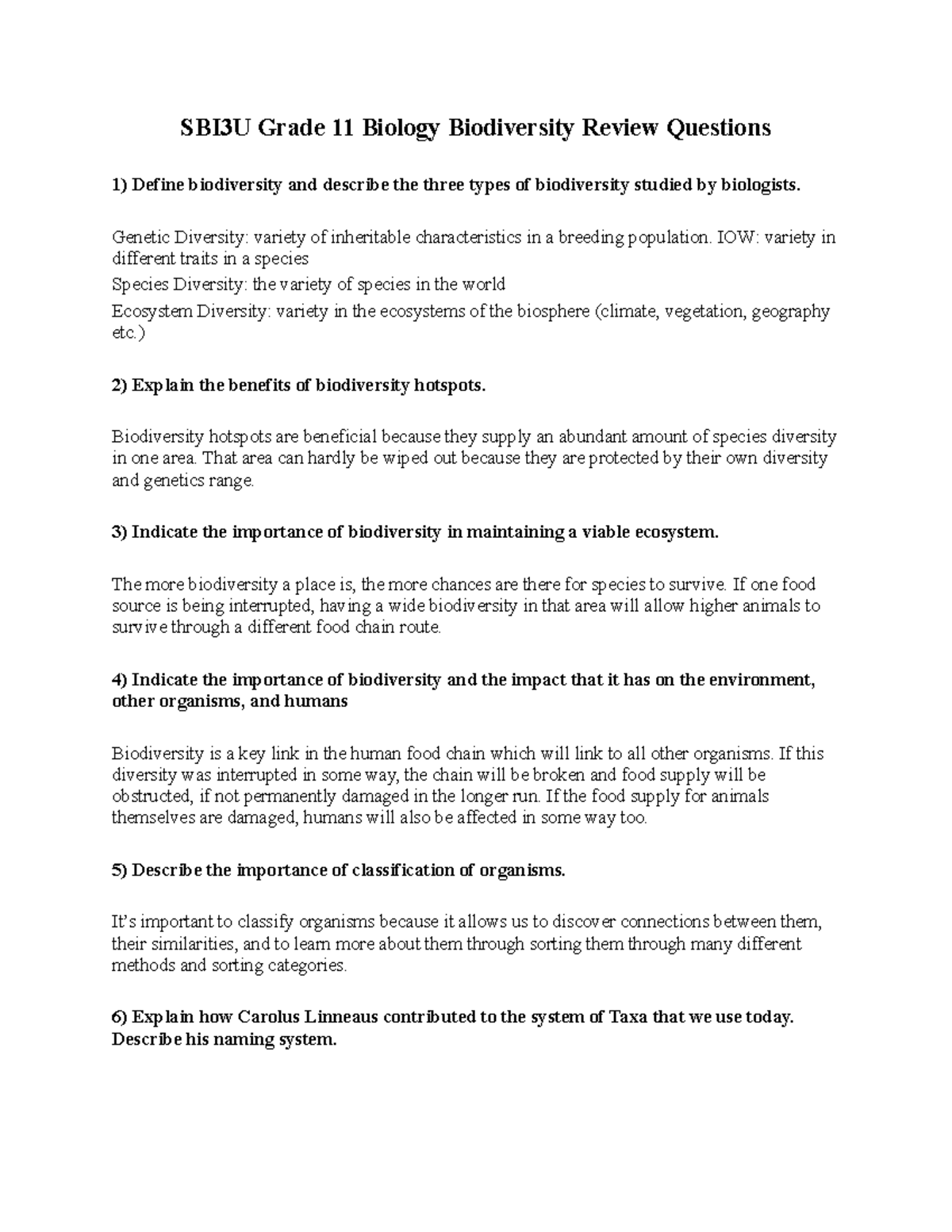 Grade 11 Biology Biodiversity Review Questions - SBI3U Grade 11 Biology ...