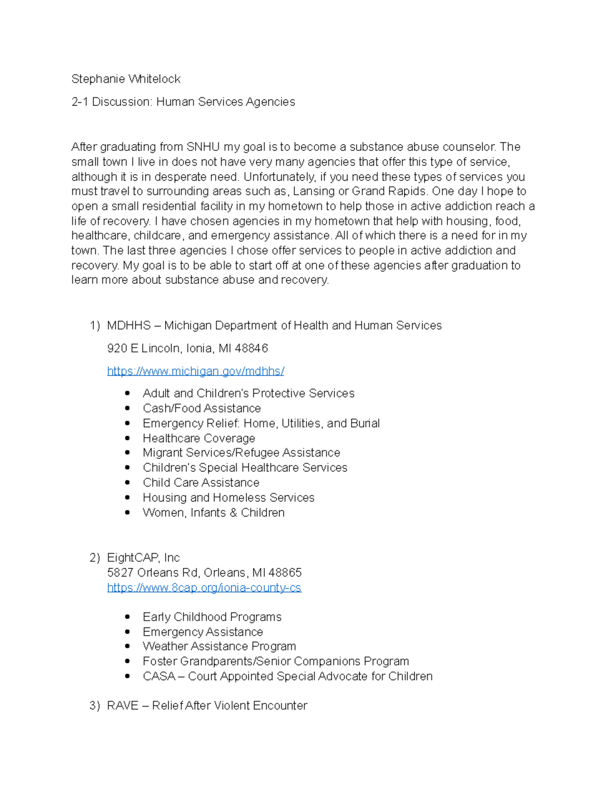 HSE 101 2-1 Discussion Human Services Agencies - Stephanie Whitelock 2 ...
