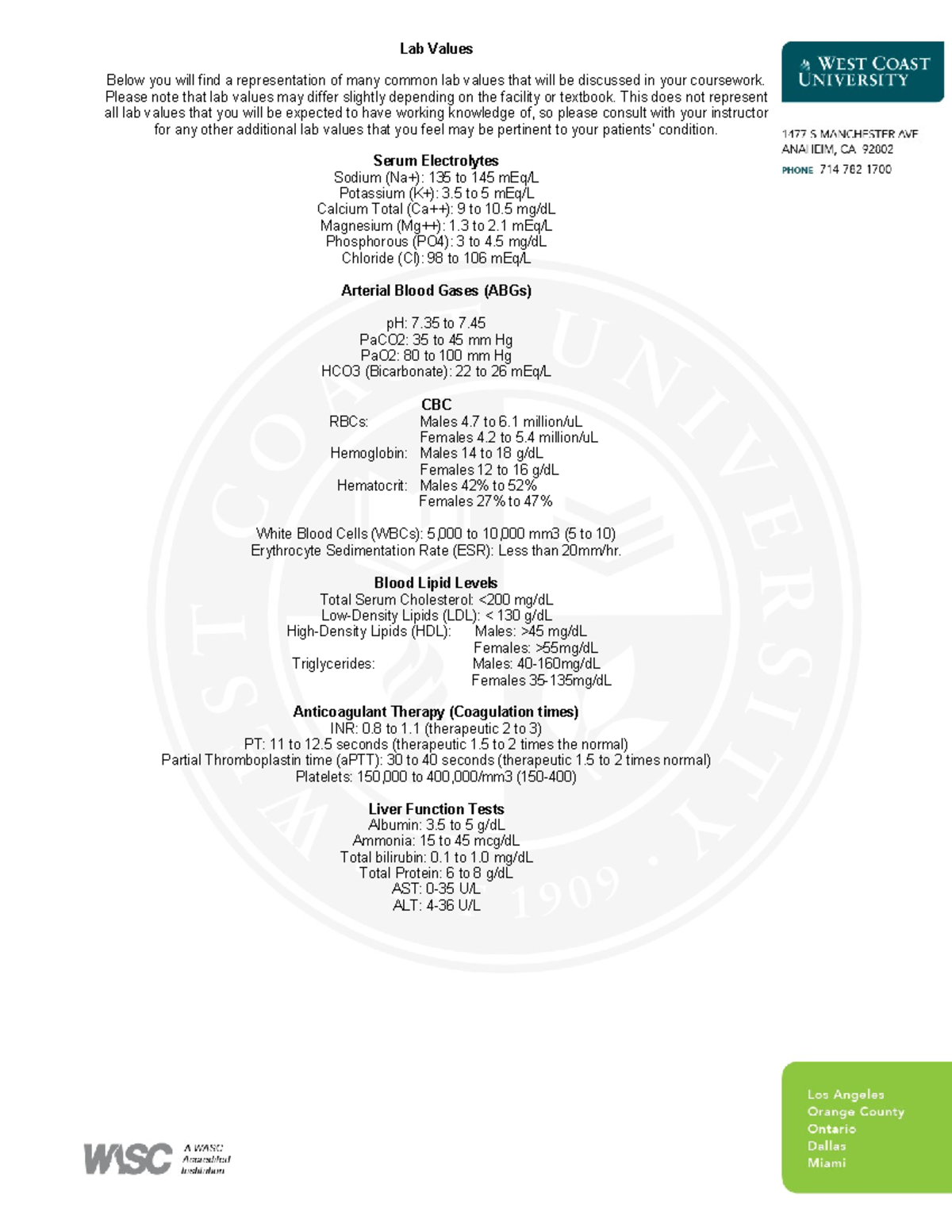 Lab Values Sheet - Lab Values Below you will find a representation of ...