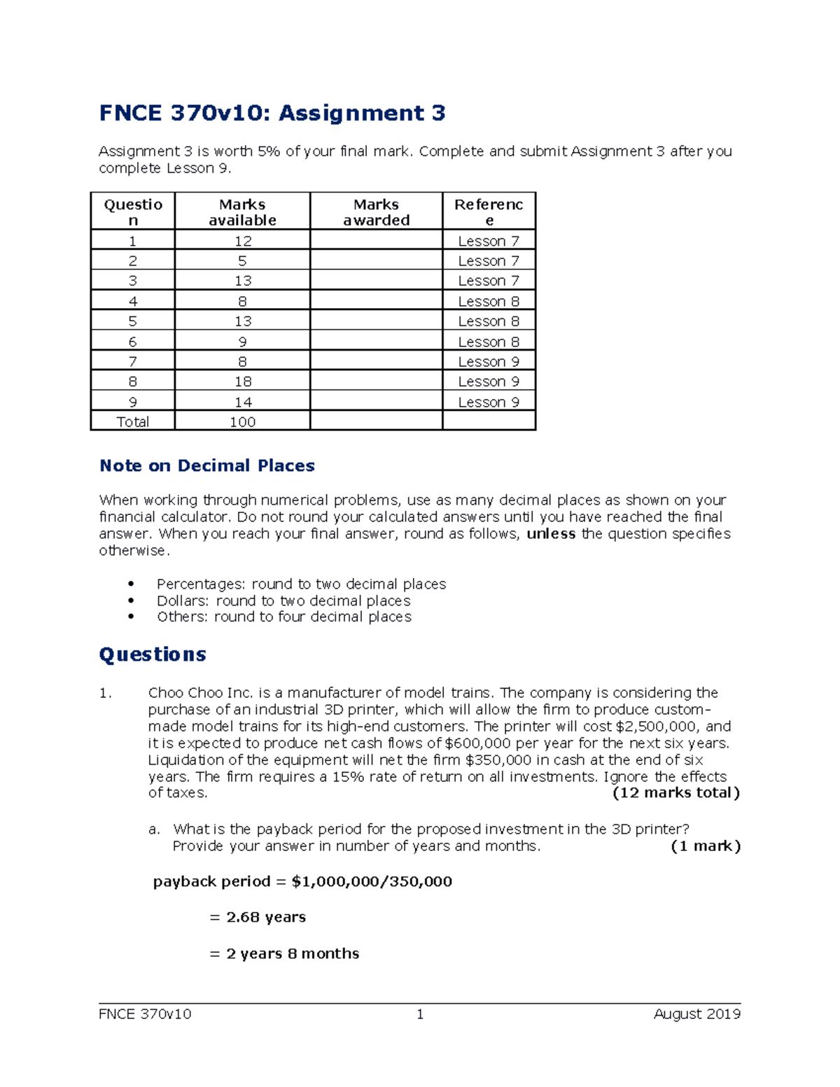 FNCE370v10 Assignment 3 instruction - FNCE 370v10: Assignment 3 Assignment 3 is worth 5% of your ...