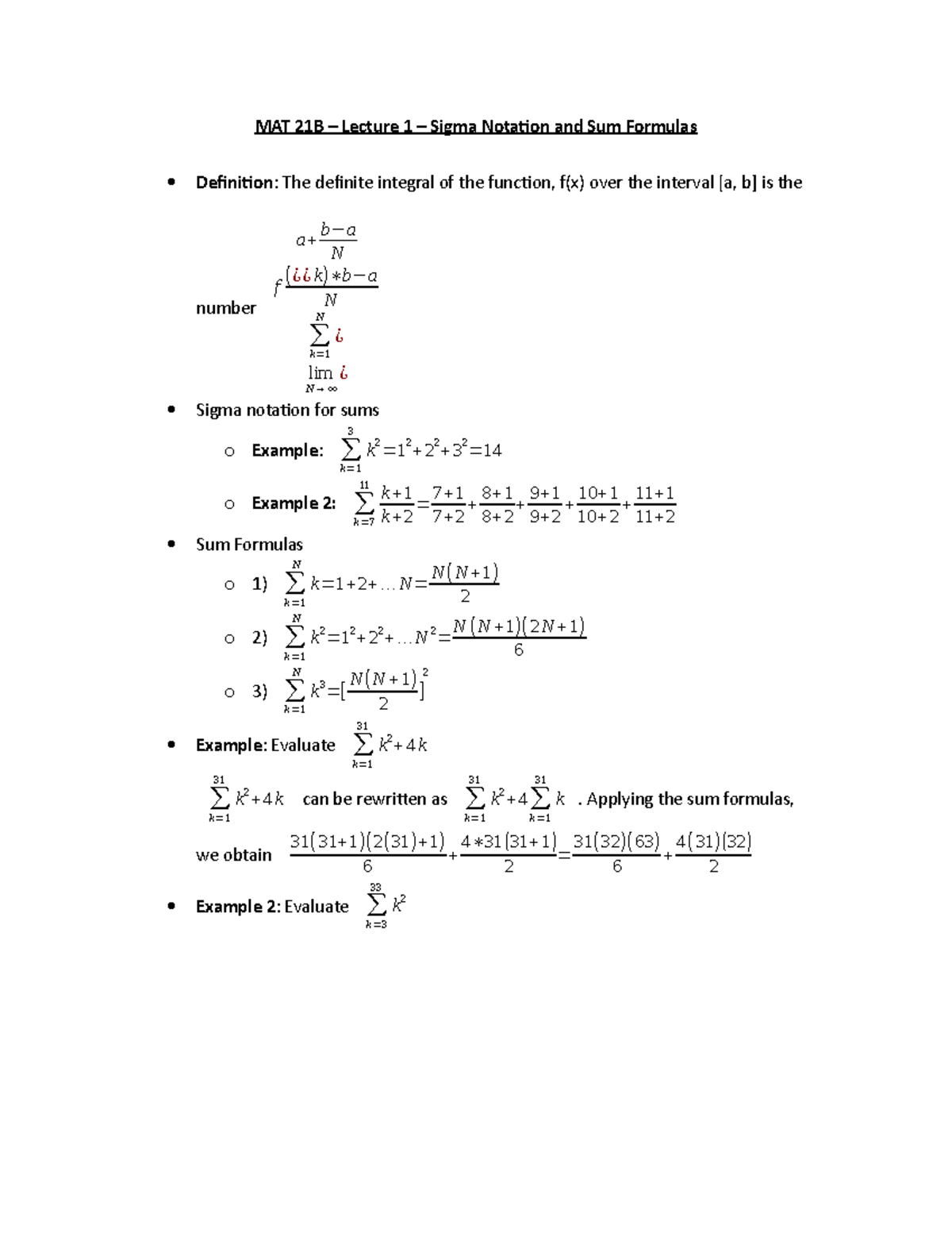 MAT 21B – Lecture 1 – Sigma Notation and Sum Formulas - MAT 21B Lecture ...