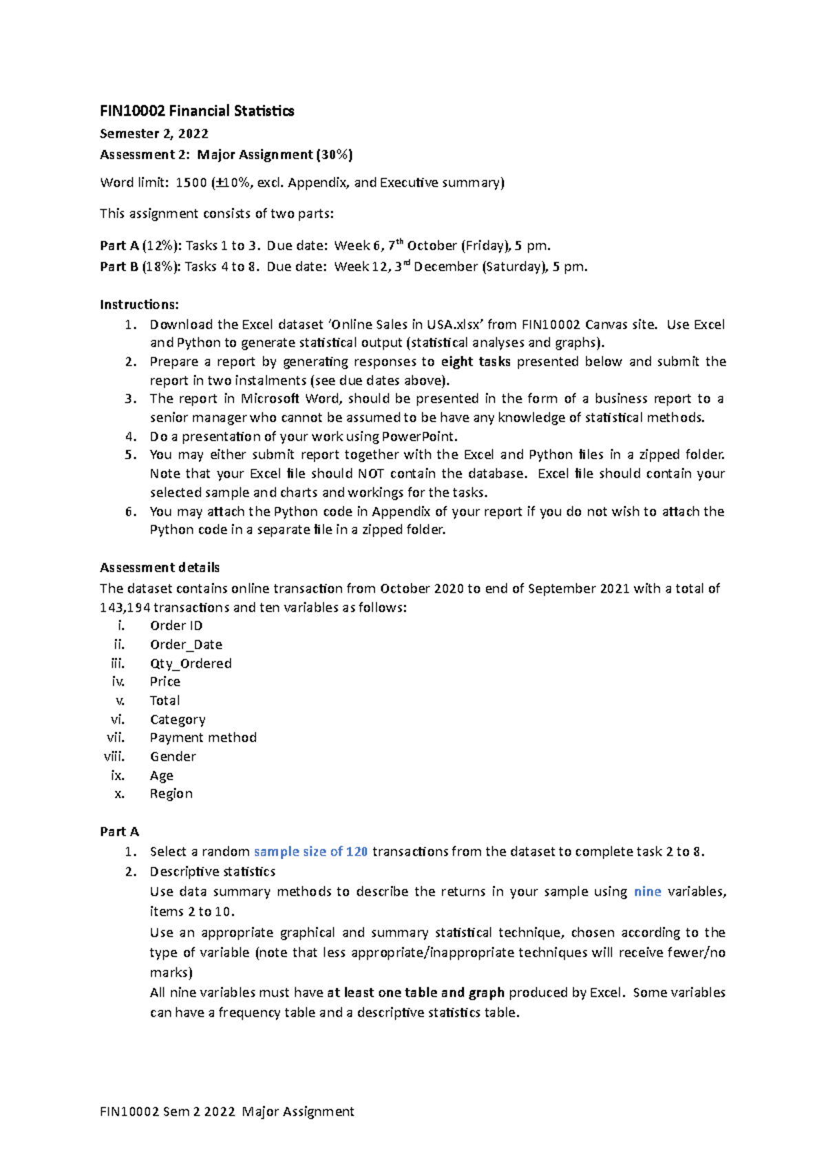 FIN10002 Mjr Assignment s2, 22Q-2 - FIN10002 Financial Statistics Semester 2, 2022 Assessment 2 ...