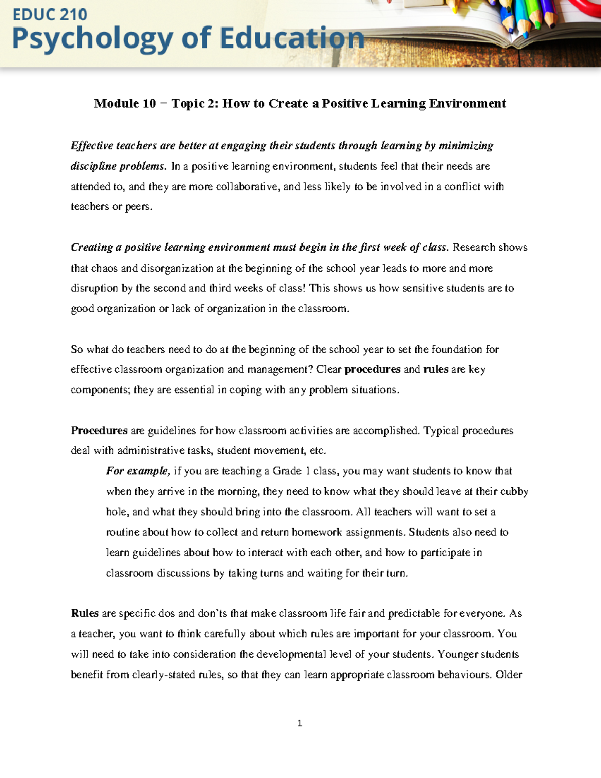 Module 10 - Topic 2 - 1. How to Create a Positive Learning Environment - 1 Module 10 − Topic 2 ...