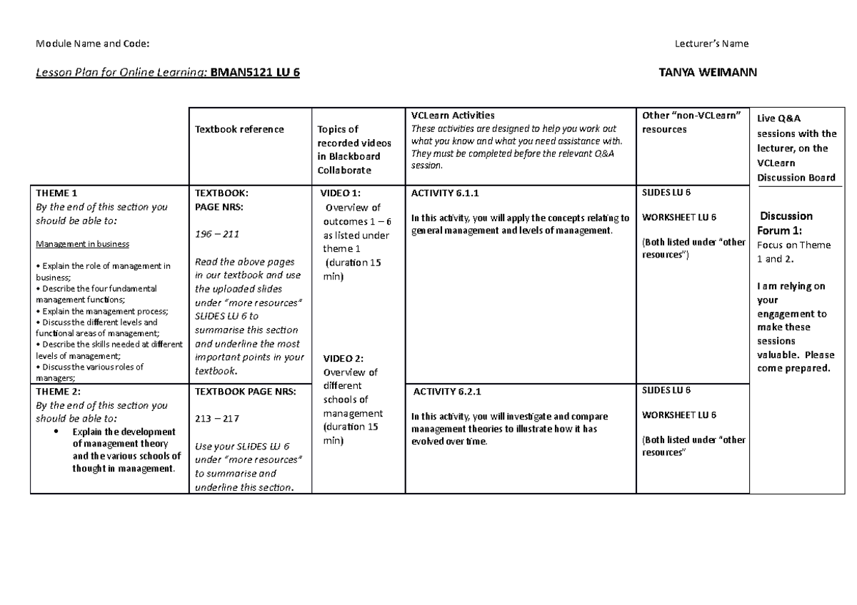 Lesson PLAN FOR Online Learning BMAN5121 LU 6 Module Name And Code lesson-plan-for-online-learning-bman5121-lu-6-module-name-and-code