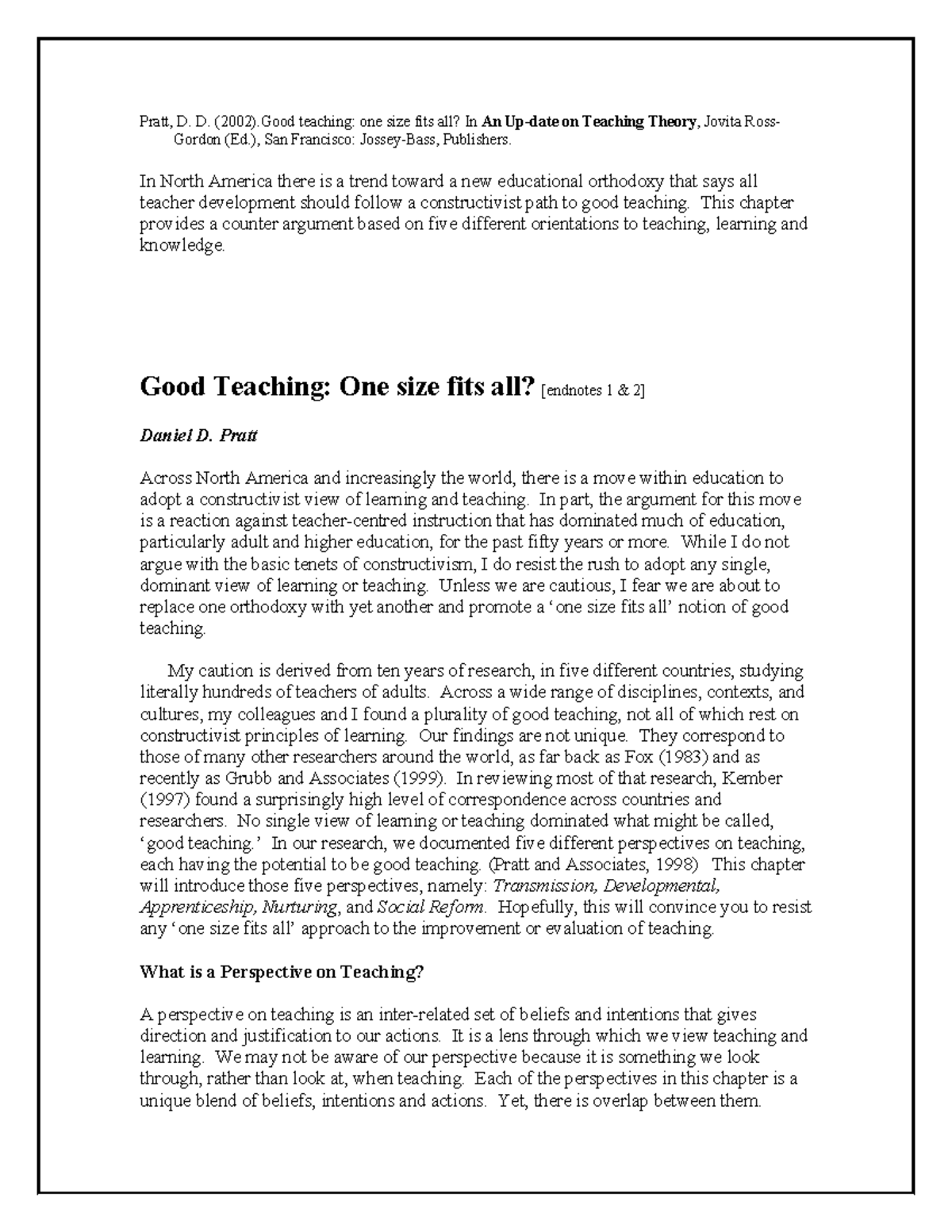 Summaries of Five Teaching Perspectives - Pratt, D. D. (2002).Good ...
