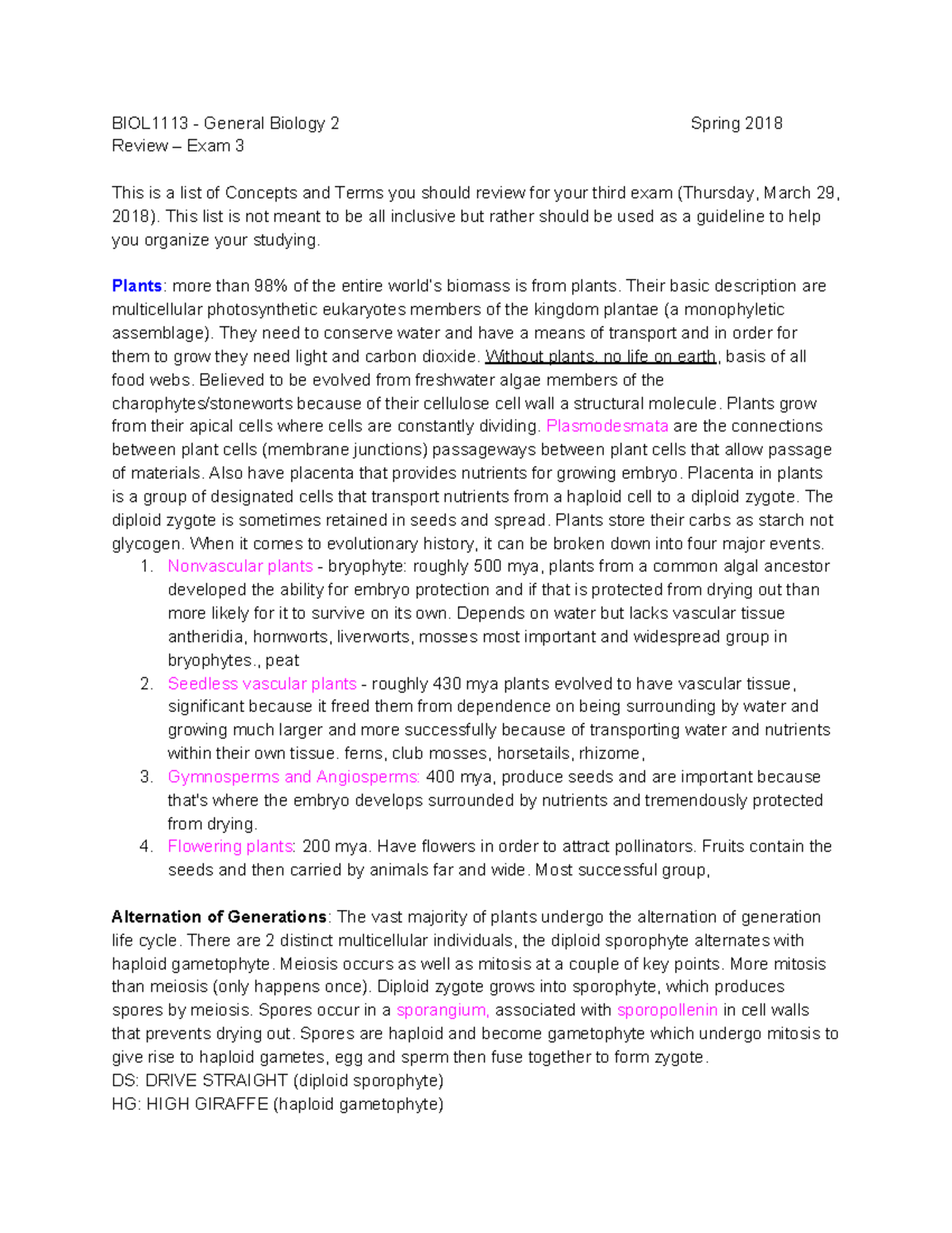 Bio Exam 3 Study guide - BIOL1113 - General Biology 2 Spring 2018 ...