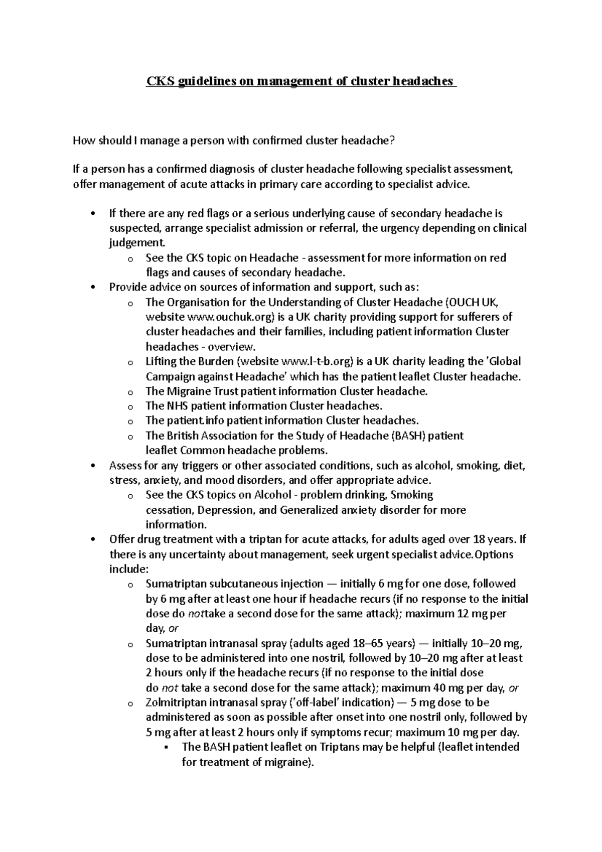 CKS guidelines on management of cluster headaches - If there are any ...